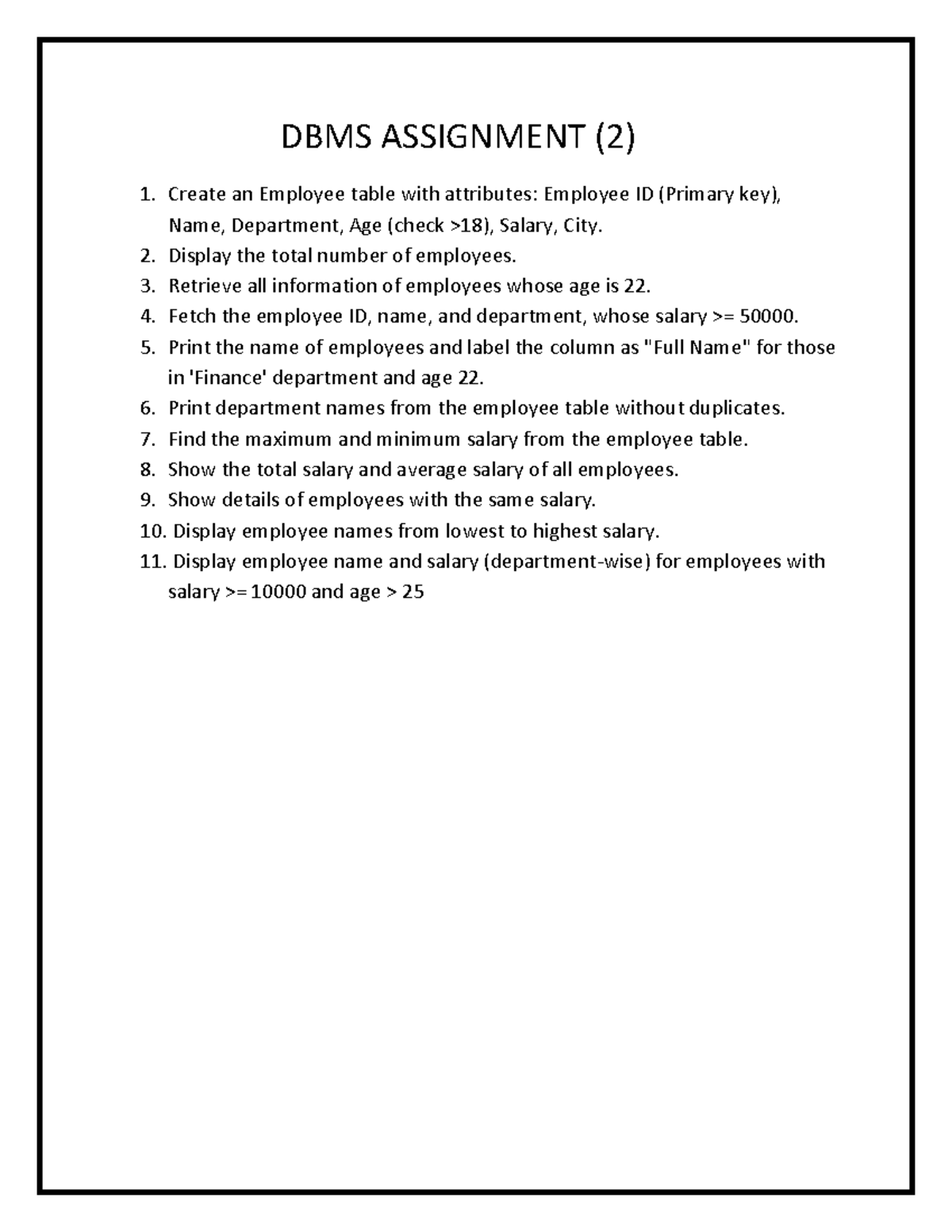DBMS ASSIGNMENT 3 - Employee Table Operations and Queries - Studocu
