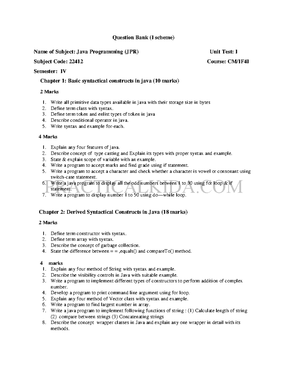 Java Programming (JPR) Unit Test I Question Bank - Course CM/IF 4 IV ...
