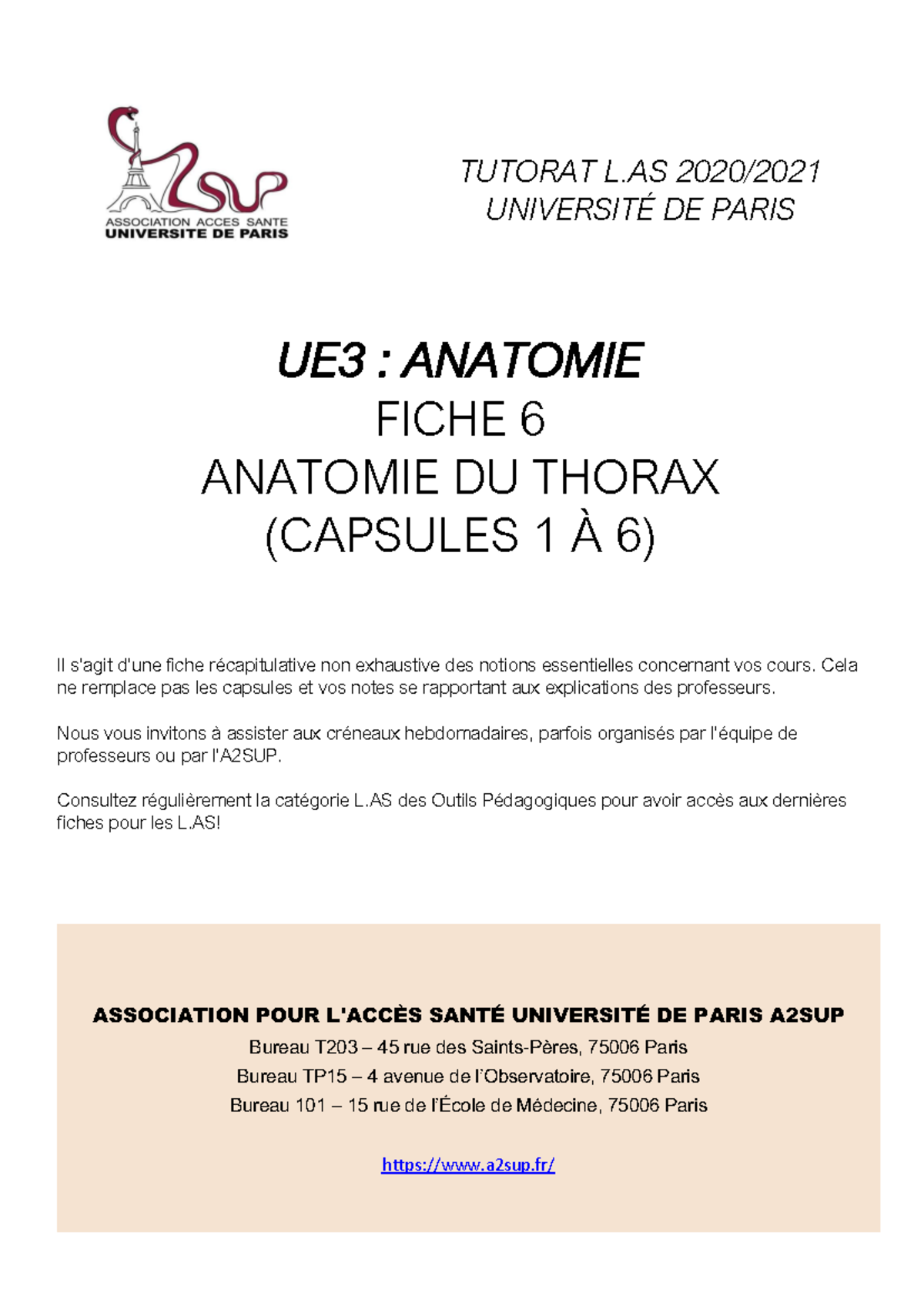 Anatomie UE3 - Révisons le Thorax: Fiche Récap n°6 Caps 1 à 6 - Studocu