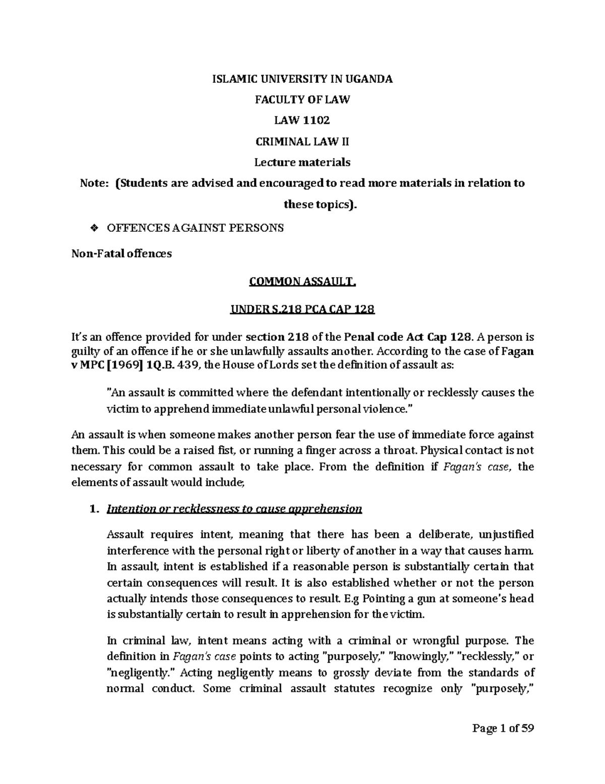 LAW 1102 Criminal Law II: Lecture Notes on Offences Against Persons ...