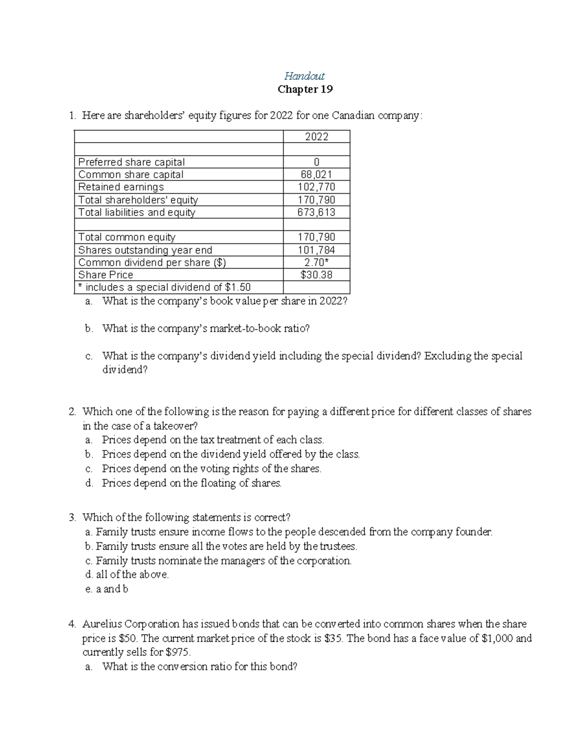 Handout 9 (CH 19) - Homework on Equity Analysis and Share Valuation ...