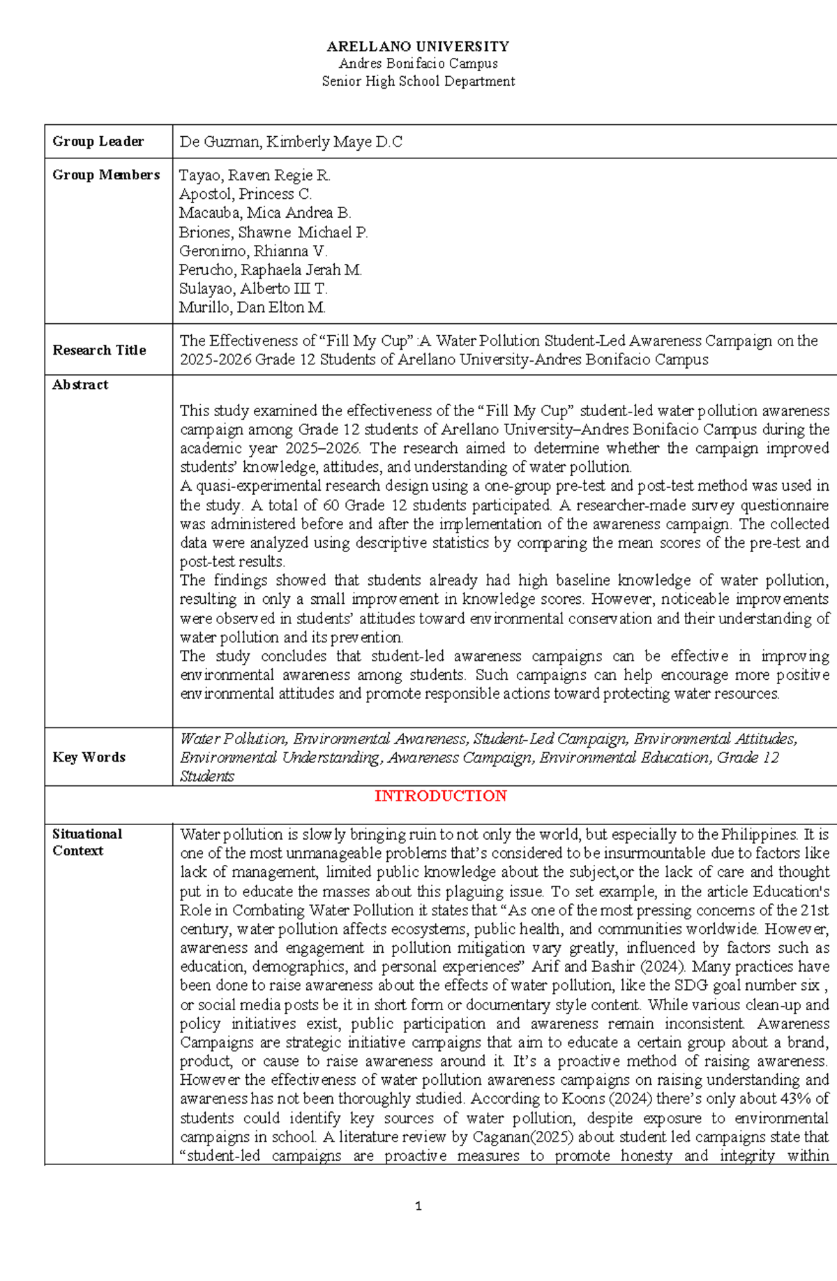 Effectiveness of My Water Pollution Awareness Campaign (SHS 12) - Studocu