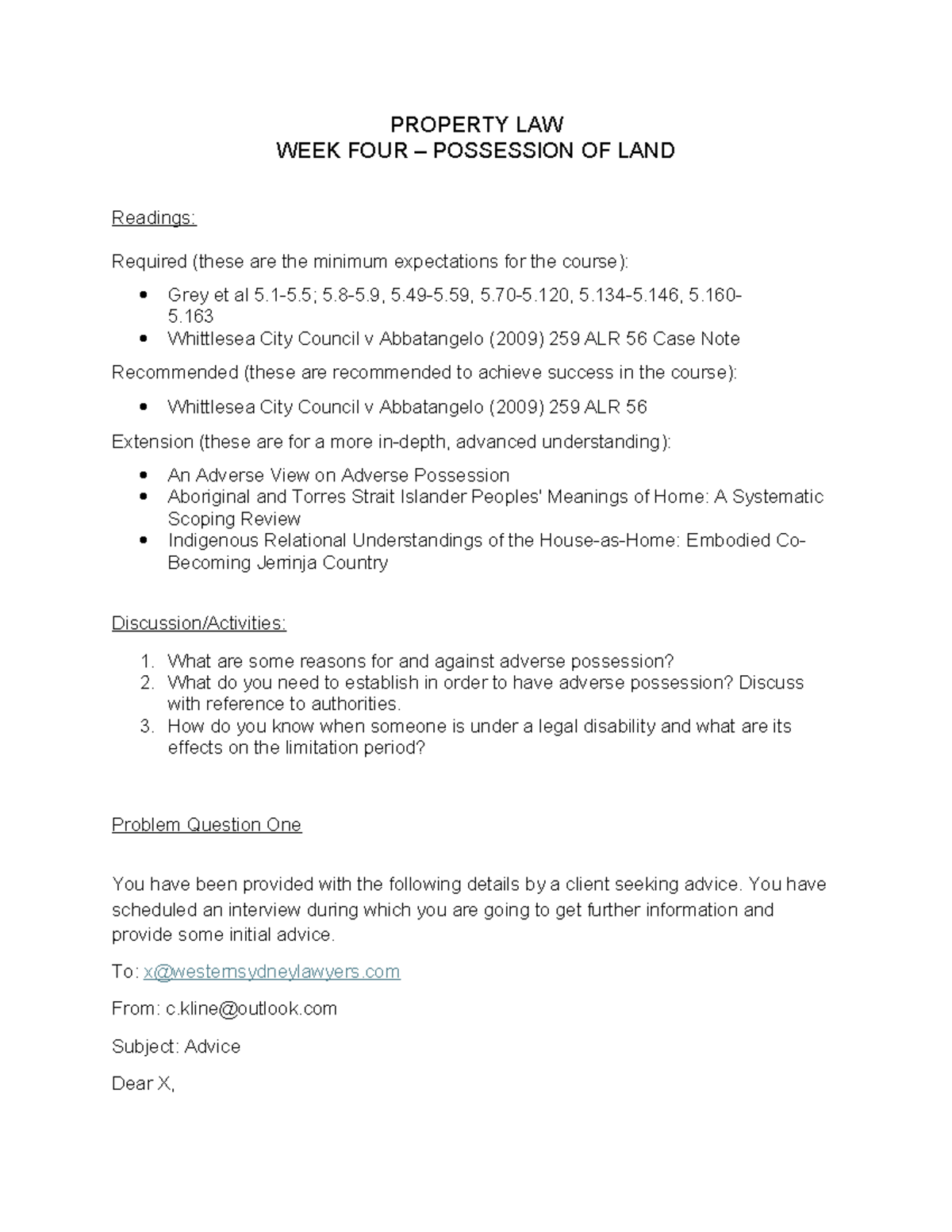 PROPERTY LAW 101: WEEK 4 TUTORIAL ON LAND POSSESSION - Studocu