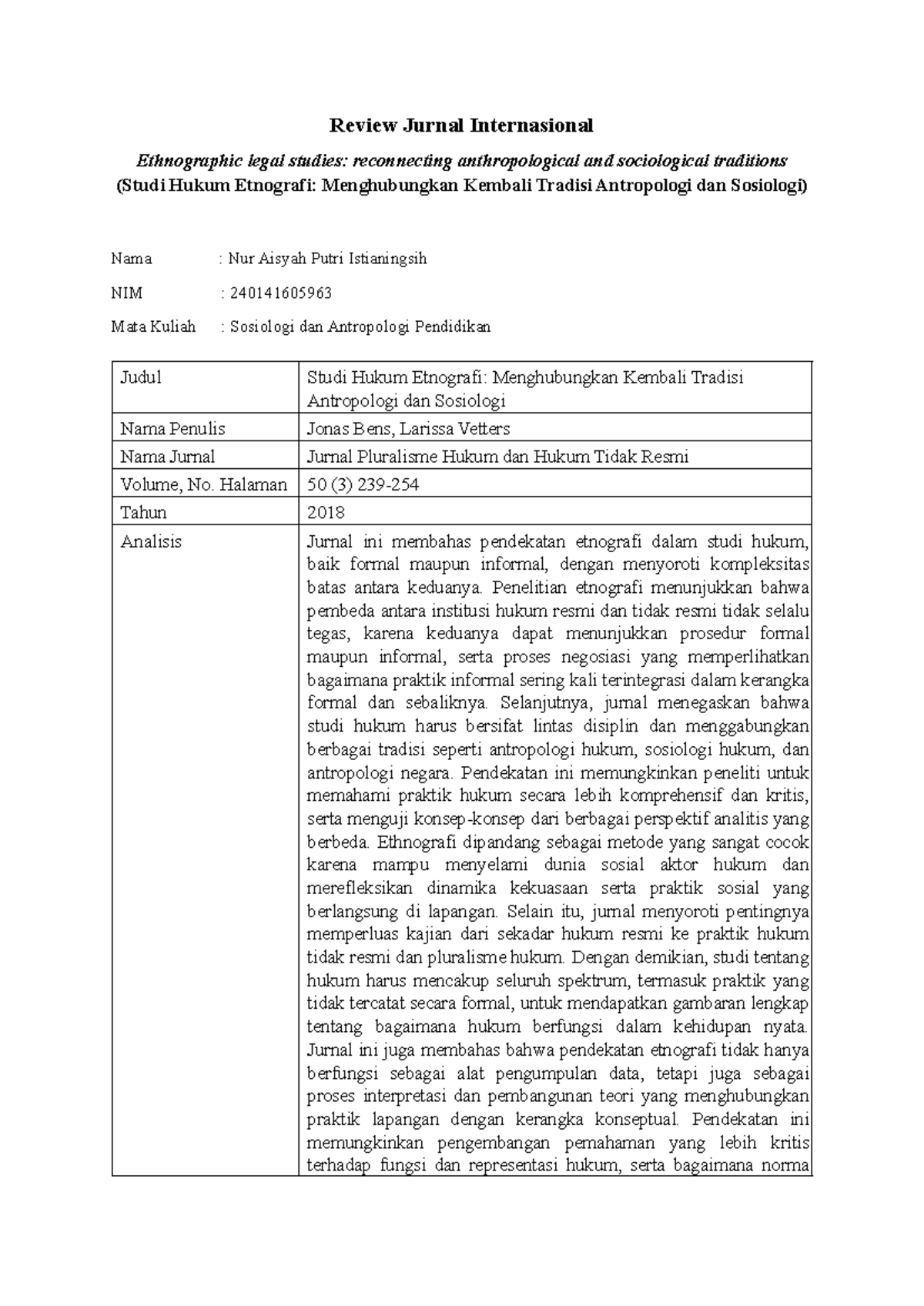 Review Jurnal Internasional SOS 240141605963: Studi Hukum Etnografi ...