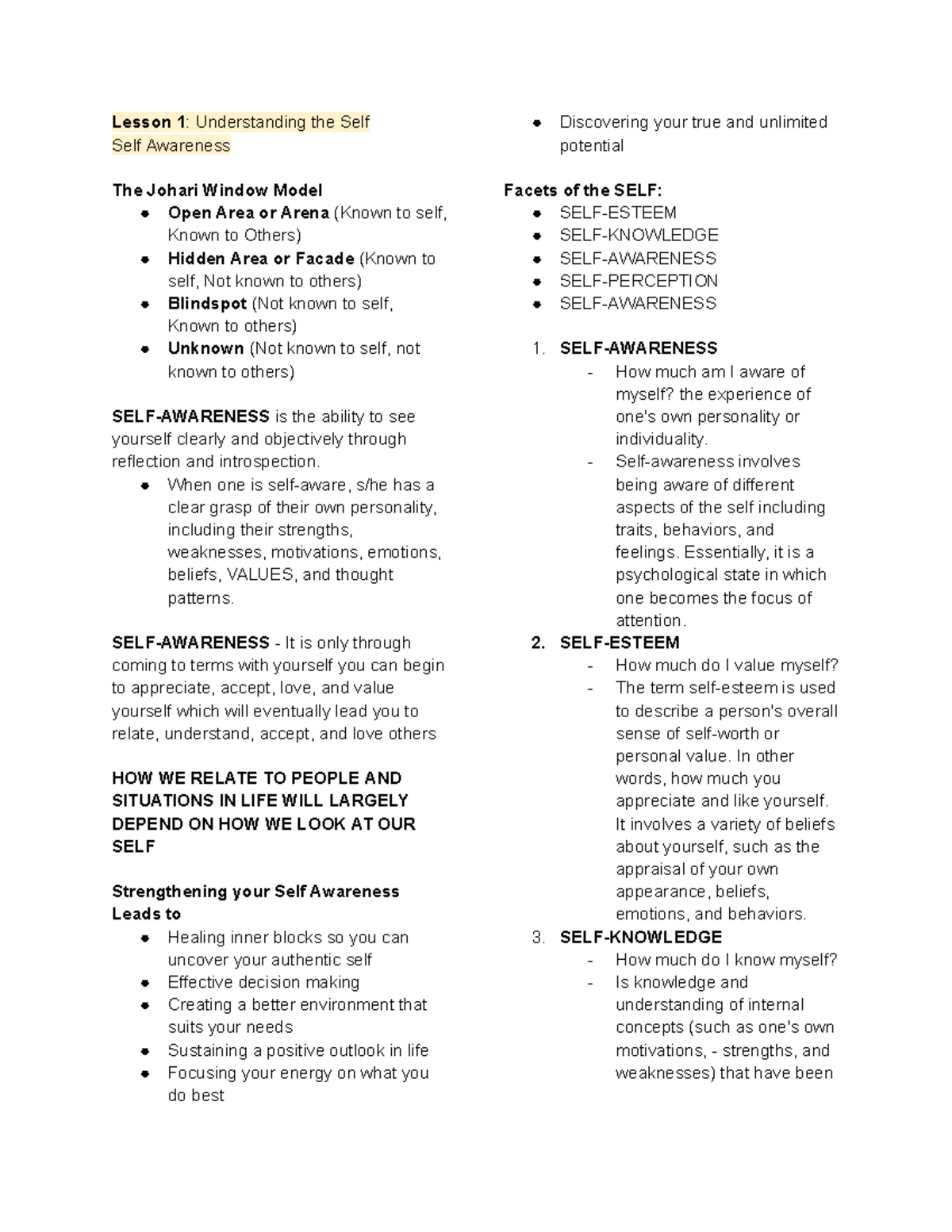 Prelims (Lesson 1: Understanding the Self and Self-Awareness) - Studocu