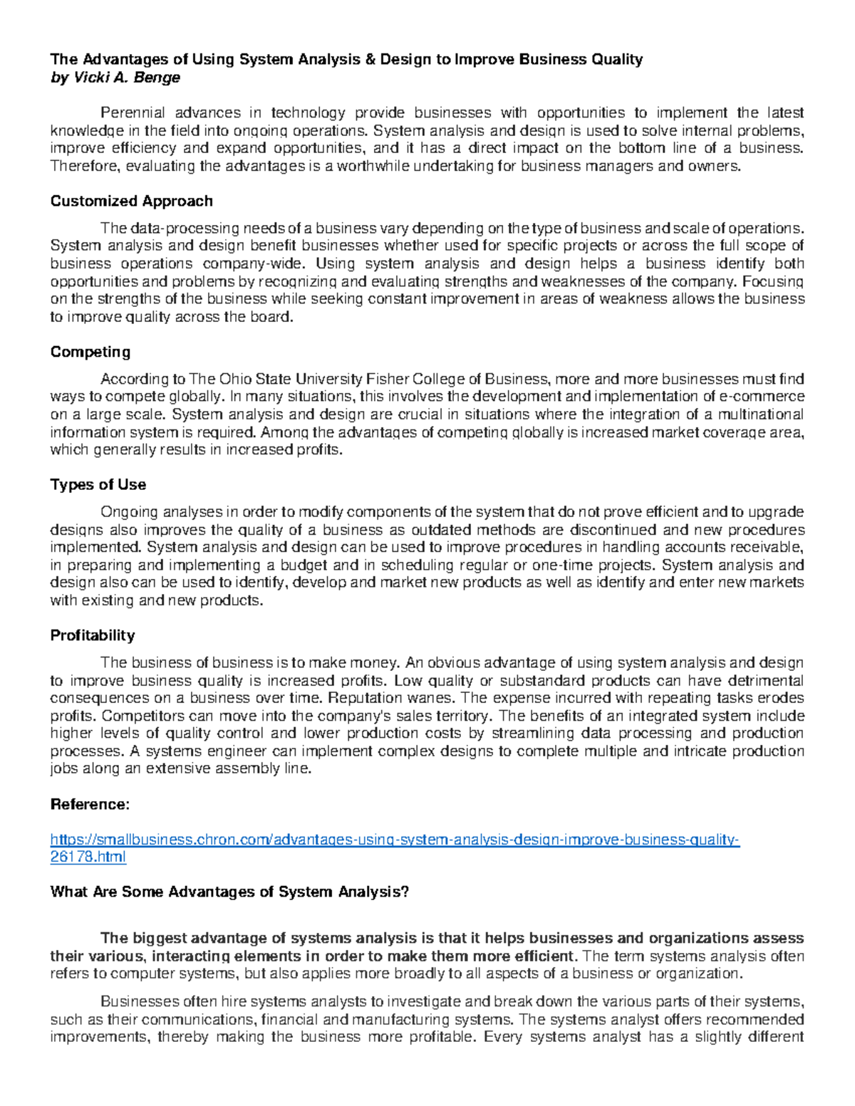 Advantages of System Analysis in Enhancing Business Quality - Studocu