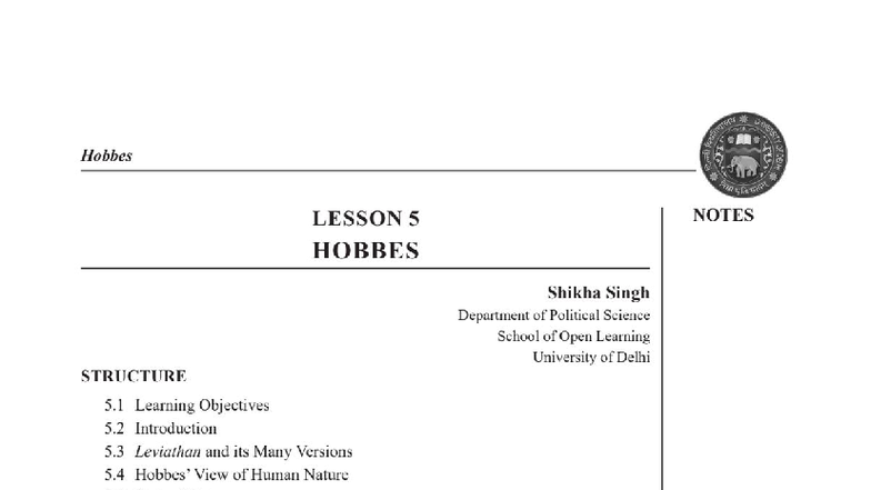 Hobbes 11003 DELHI Hall: Lesson 5 Notes on Political Philosophy - Studocu