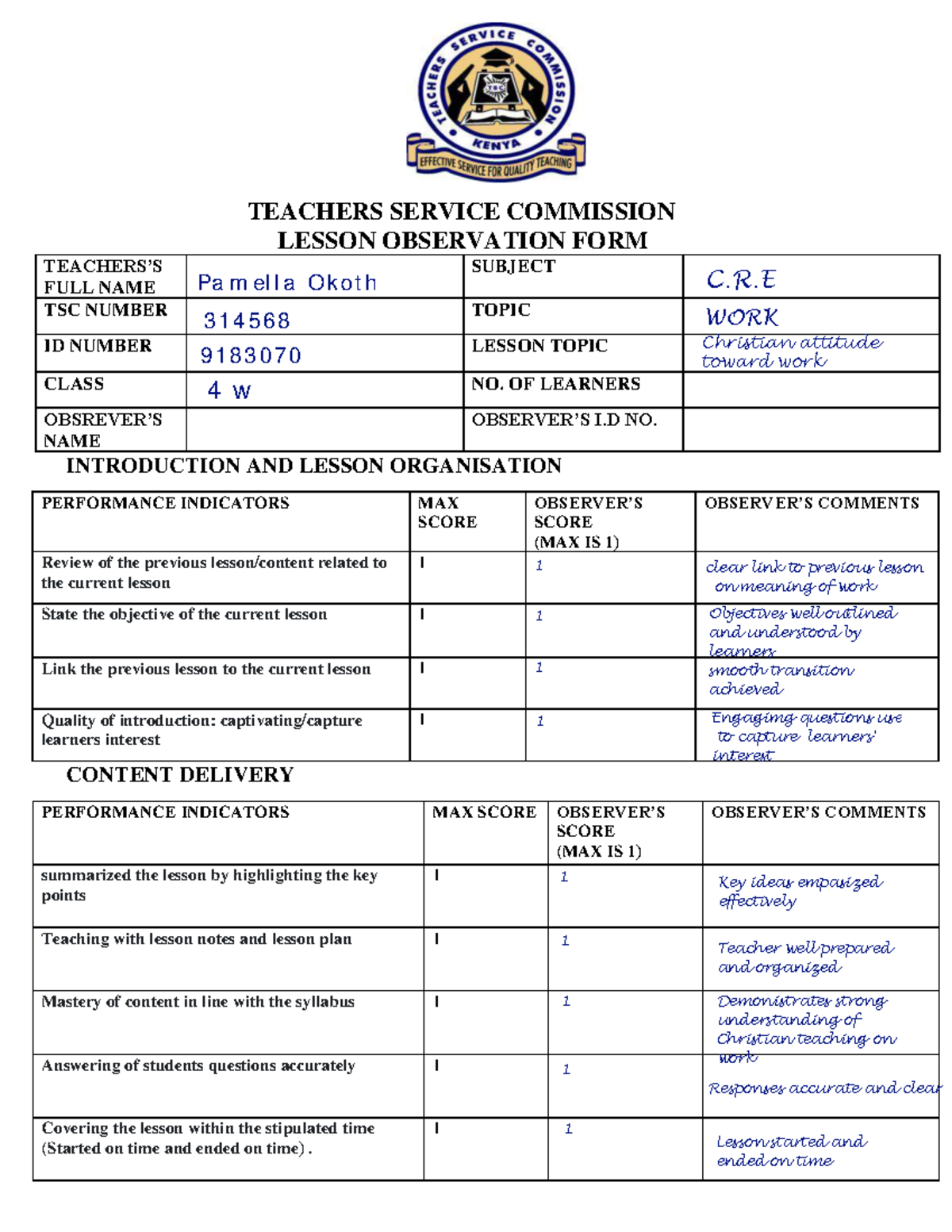 TSC Lesson Observation Form: C.R.E Evaluation for Class 4w - Studocu