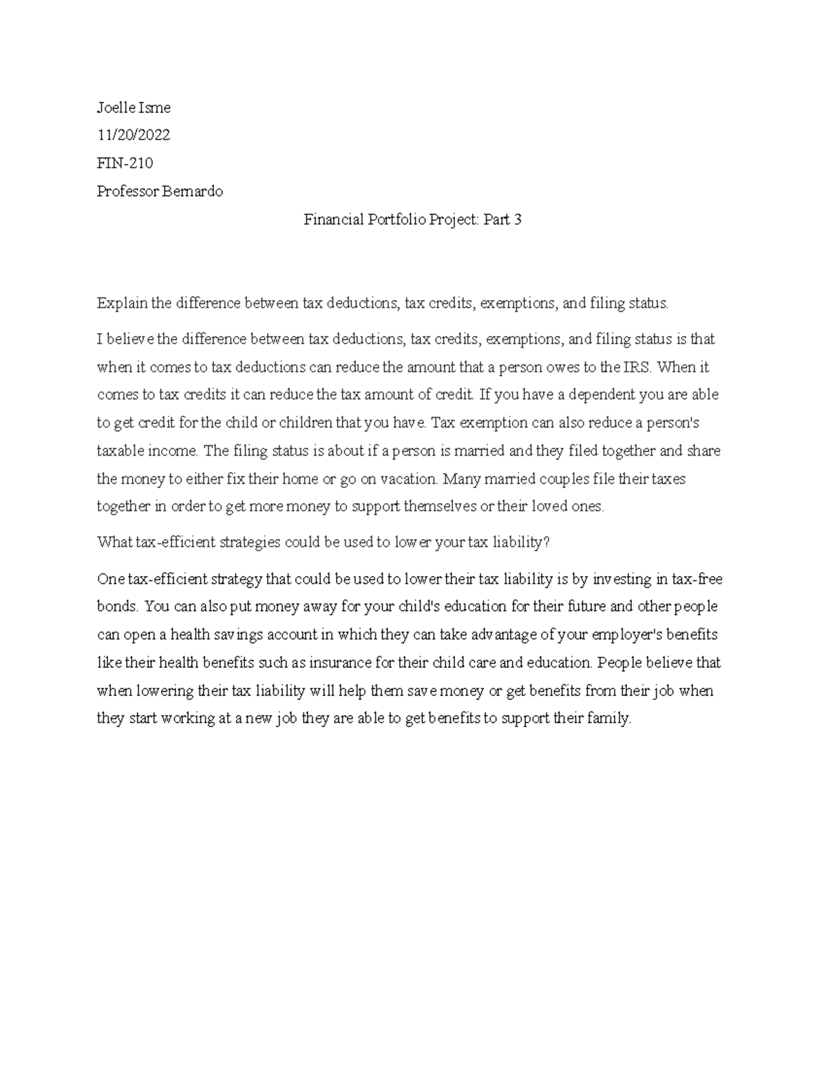 Financial Portfolio Project Part 3 - Joelle Isme 11/20/ FIN- Professor ...