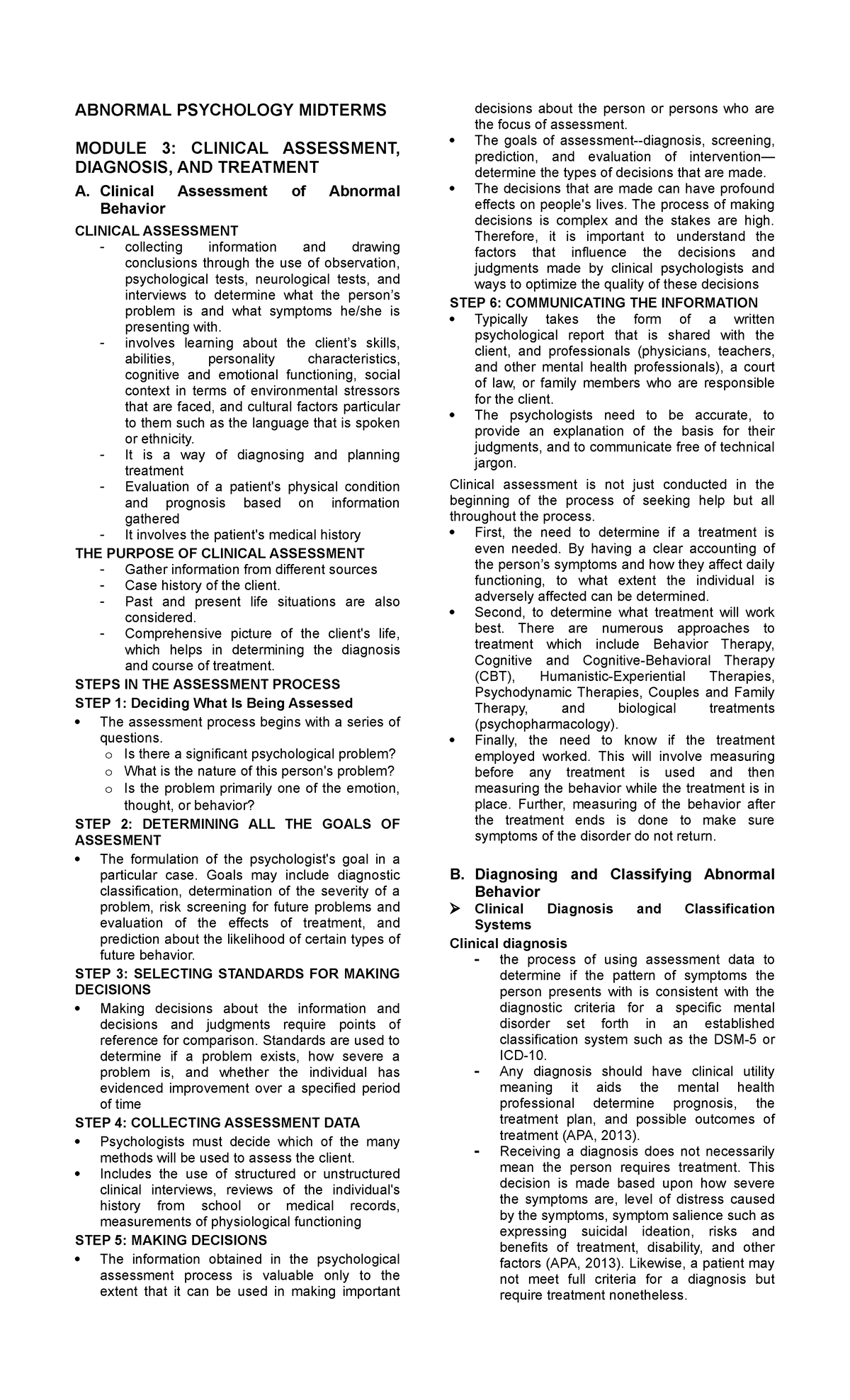 Abnormal Psychology (PSY 202) Midterm Study Notes on Assessment ...