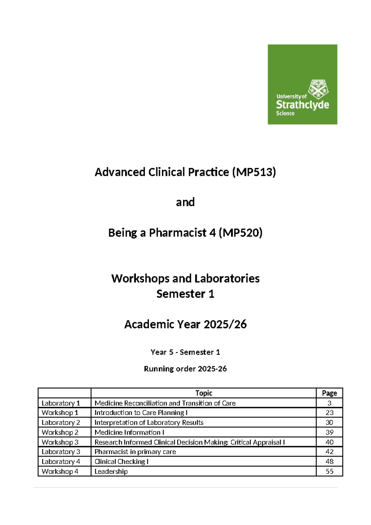 Advanced Clinical Practice & Pharmacist Workshops (MP513 & MP520) Semester 1 - Studocu