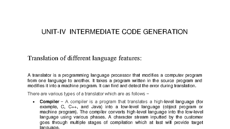 Compiler Design UNIT-IV: Intermediate Code Generation and Optimization - Studocu