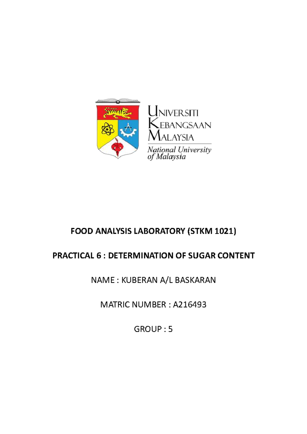Determination of Sugar Content in Food Samples (STKM 1021) Lab Report ...