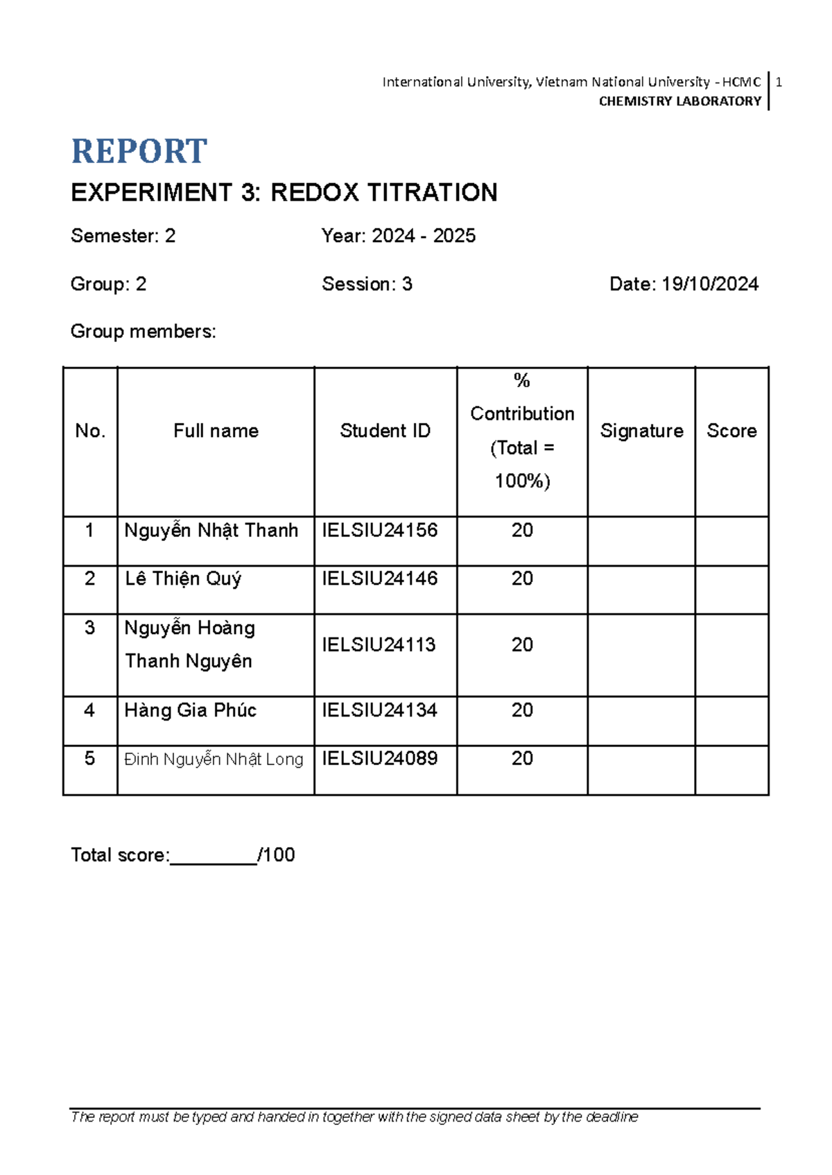 Lab report - Experiment 3 - CHEMISTRY LABORATORY REPORT EXPERIMENT 3 ...