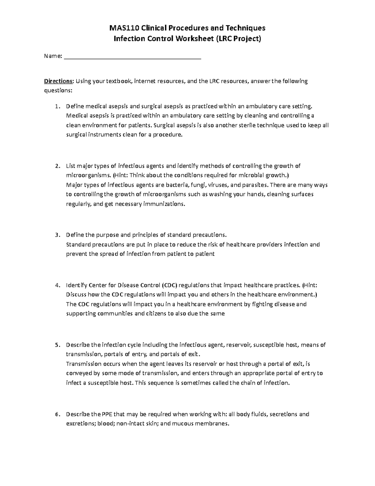 MAS110 Infection Control Worksheet Week 1 Assignment 2 Details - Studocu