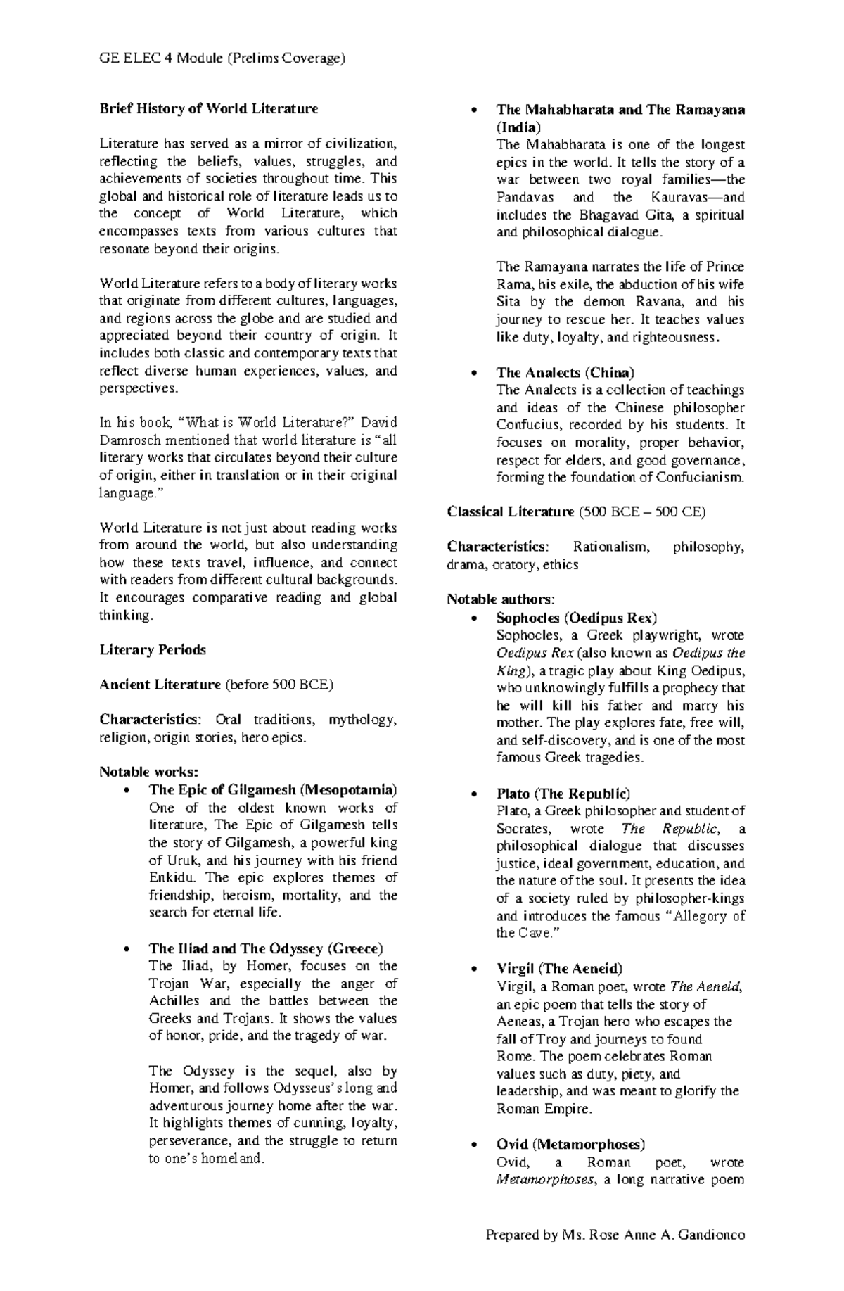 GE ELEC 4 Module (Prelims Coverage) Overview of World Literature - Studocu
