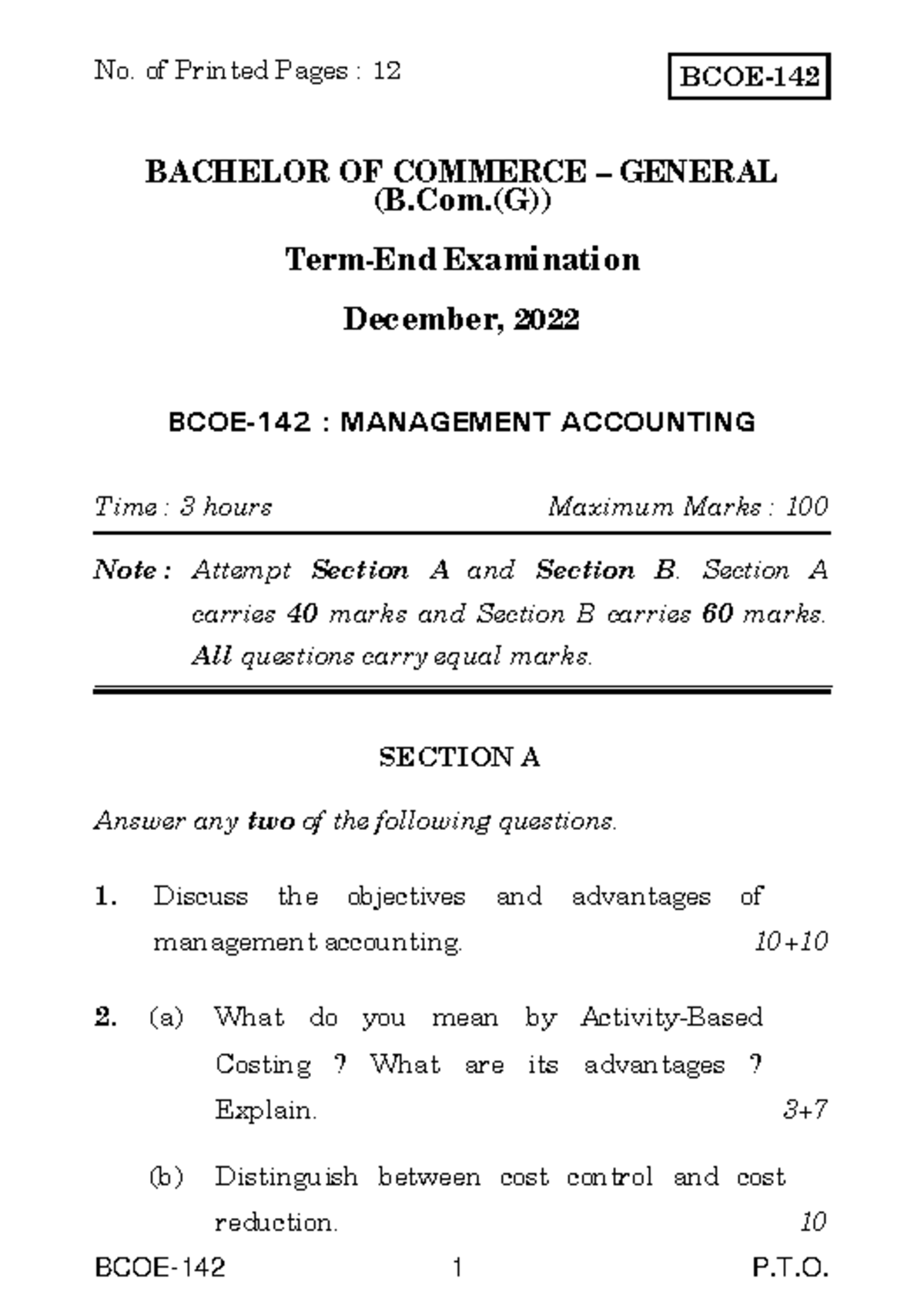 BCOE-142 - Management Accounting Exam Paper December 2022 - Studocu