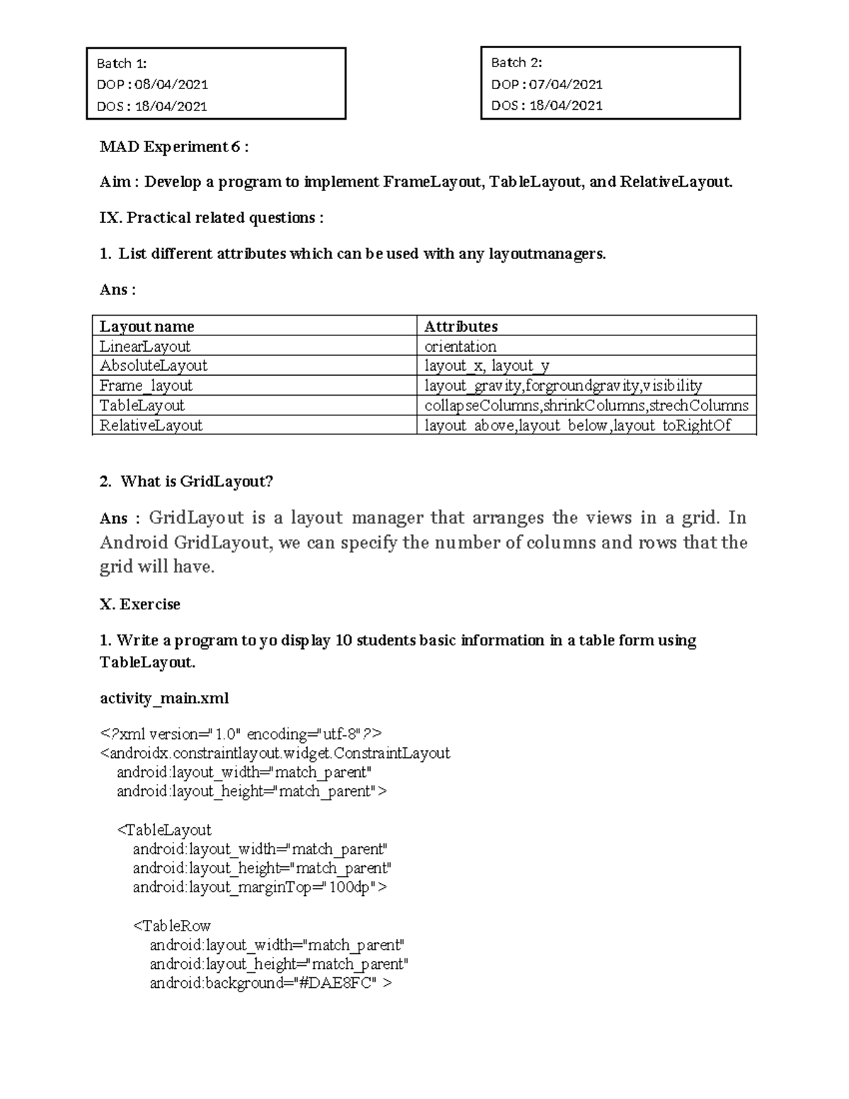 MAD Experiment 6 - Implementing Multiple Android Layouts - Studocu