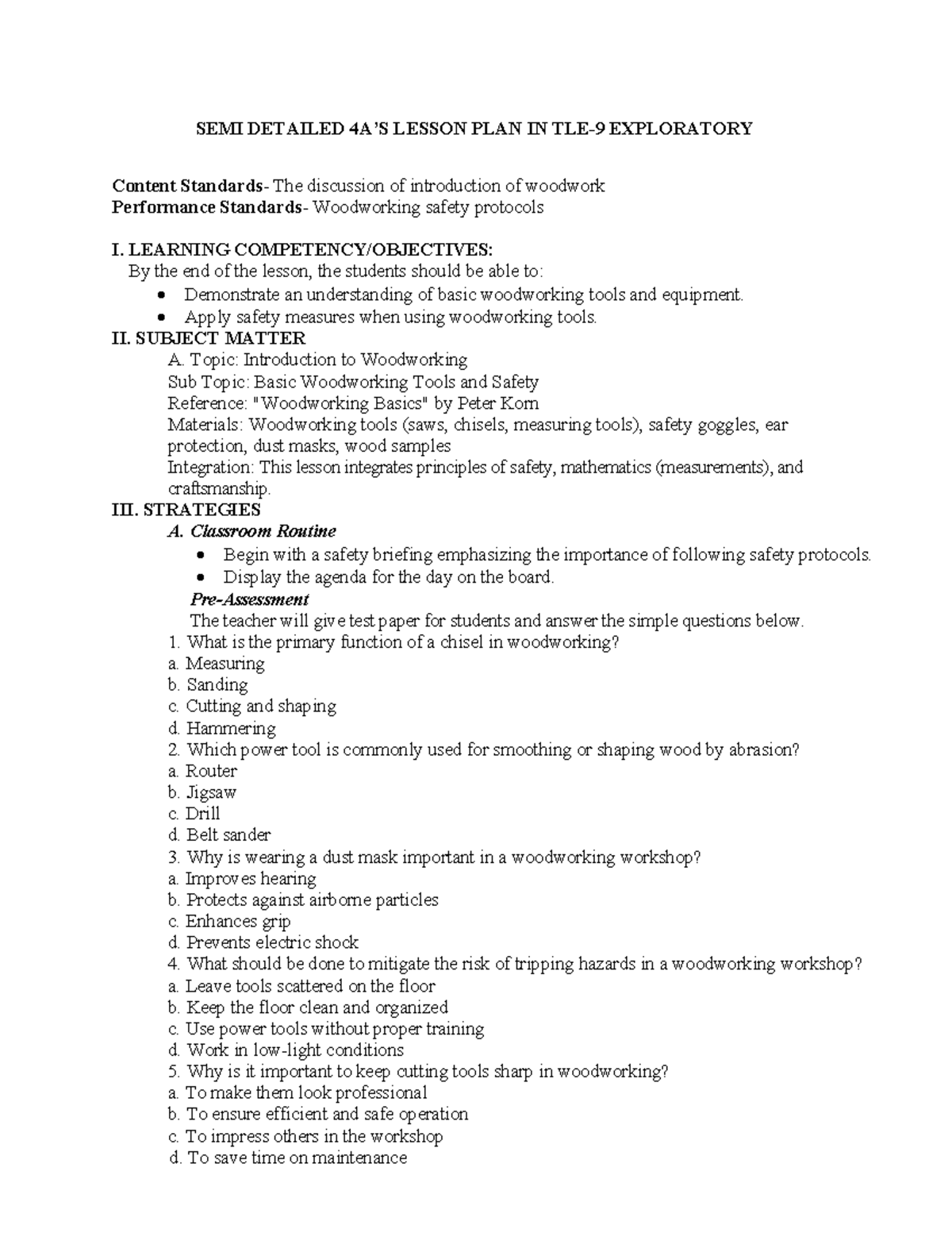 TLE-9 Exploratory: Semi-Detailed Lesson Plan on Woodworking Safety ...