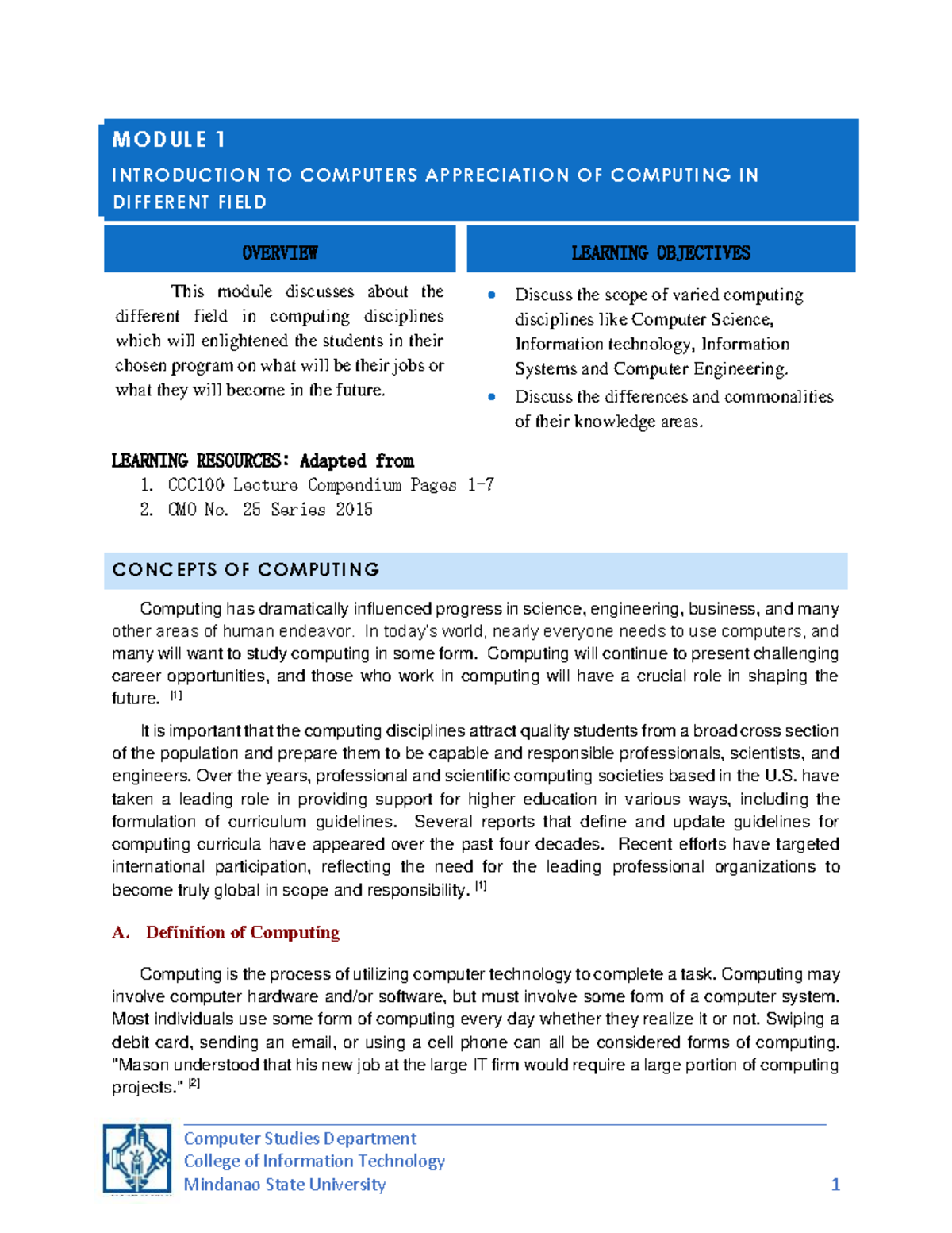CCC100 Module 1 Course BOOK JCS - - Studocu
