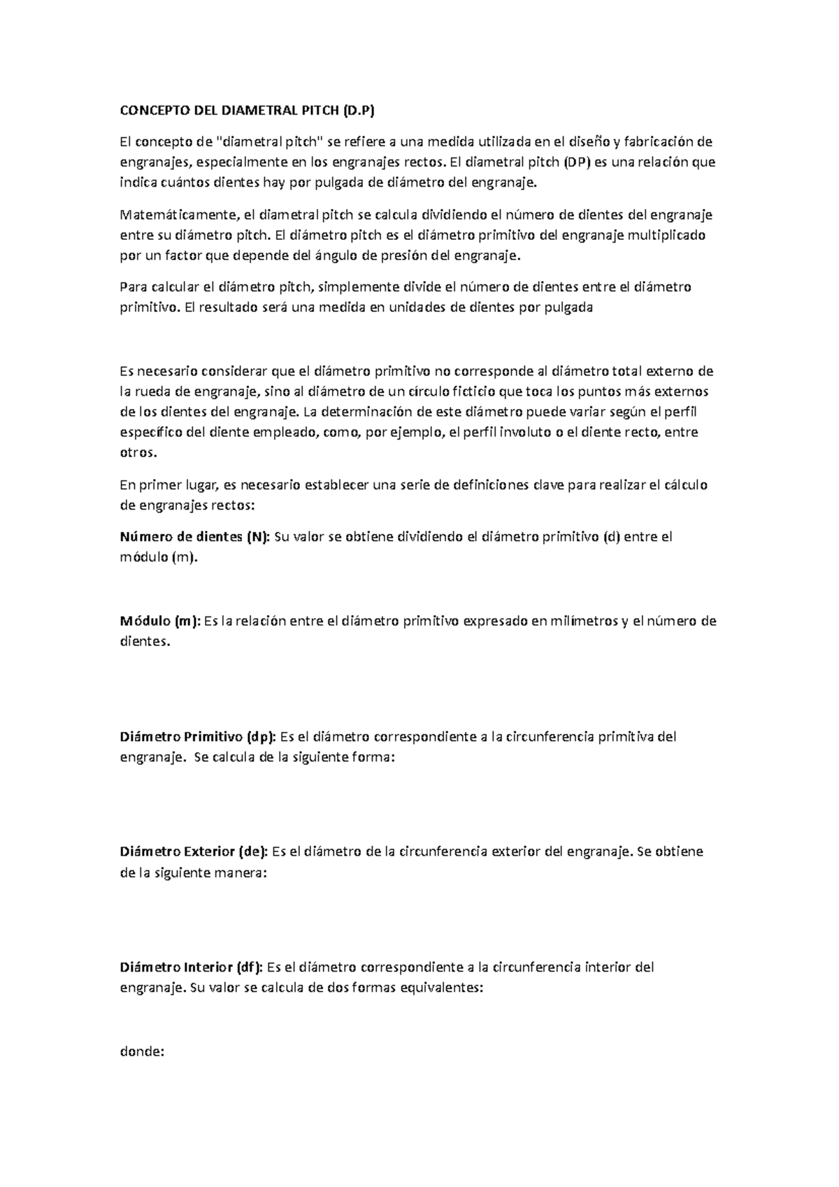 Concepto del Diametral Pitch en el Diseño de Engranajes Rectos - Studocu