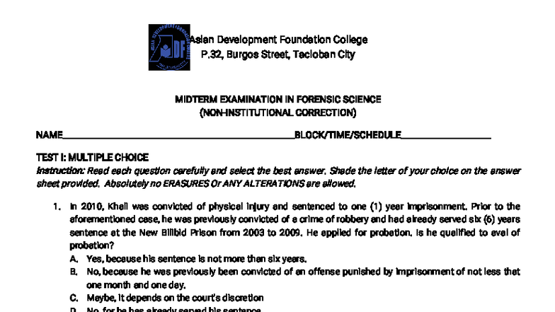 Midterm Exam Review: Forensic Science (CORR 101) Practice Questions ...