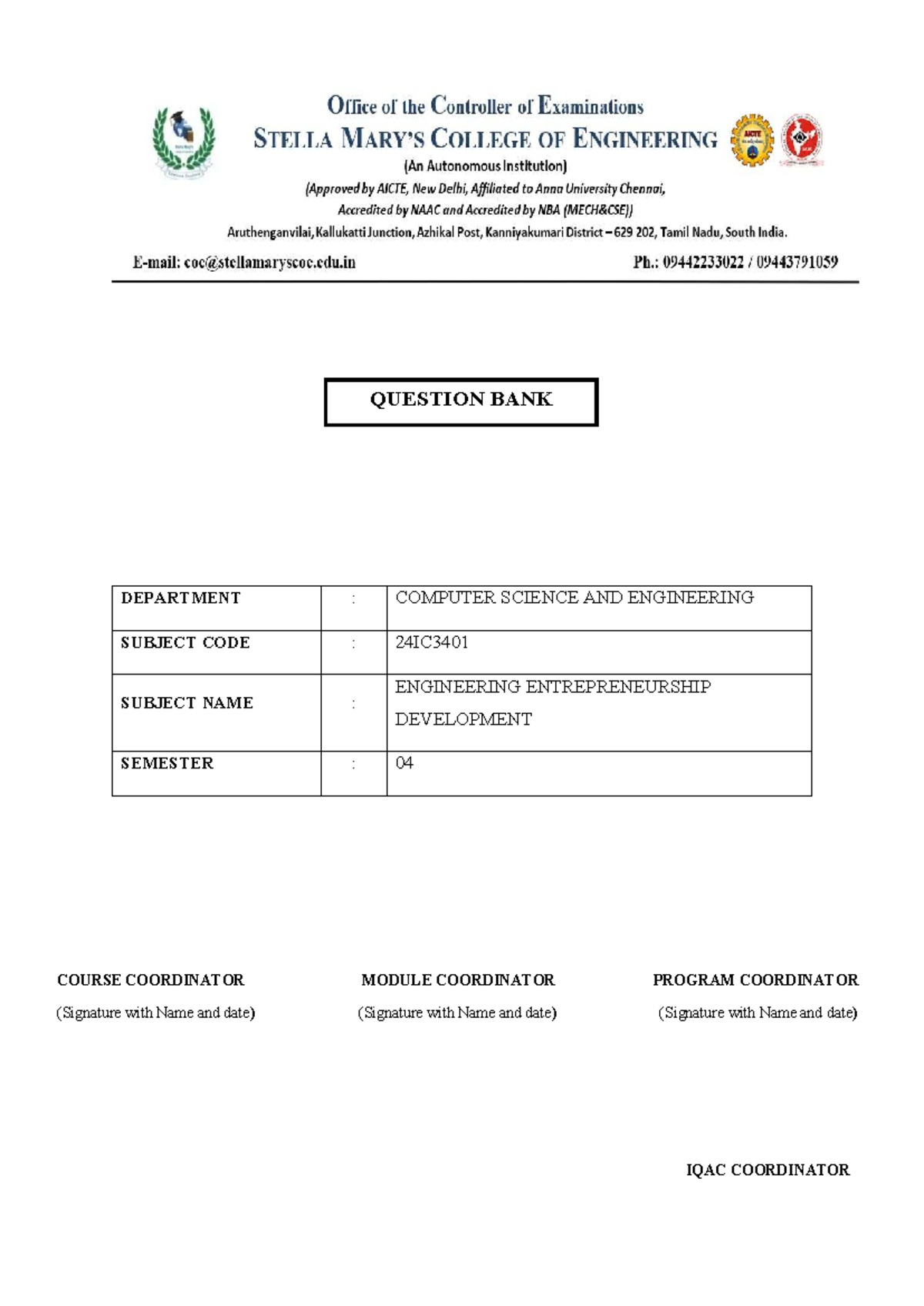 24IC3401 Engineering Entrepreneurship Development Question Bank - Studocu