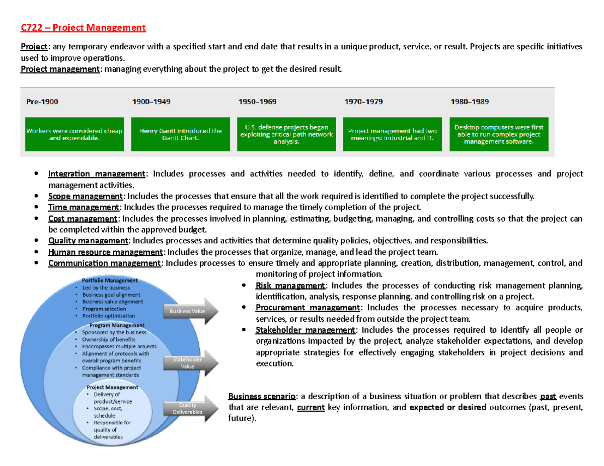 C722 - Project Management Study Guide: Key Concepts & Techniques - Studocu