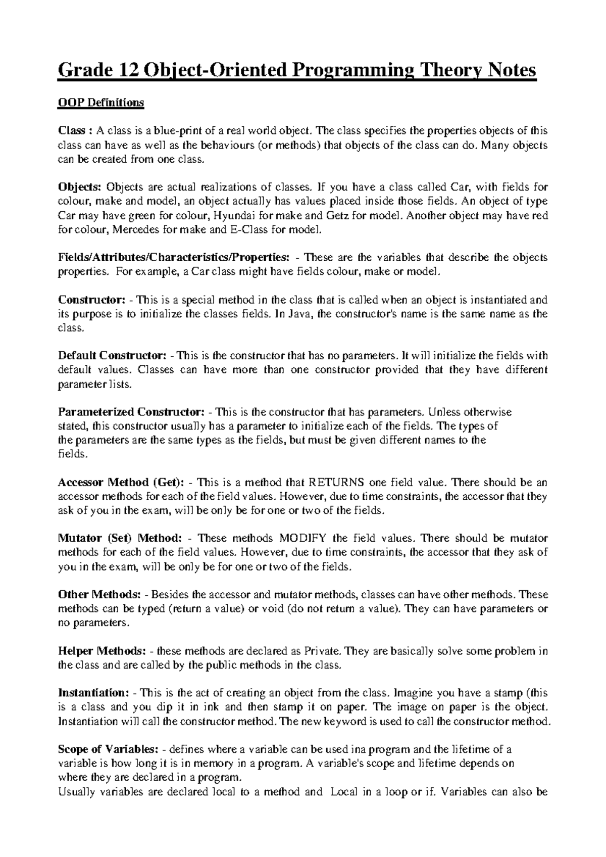 Grade 12 Programming Theory Notes: OOP Concepts and Definitions - Studocu