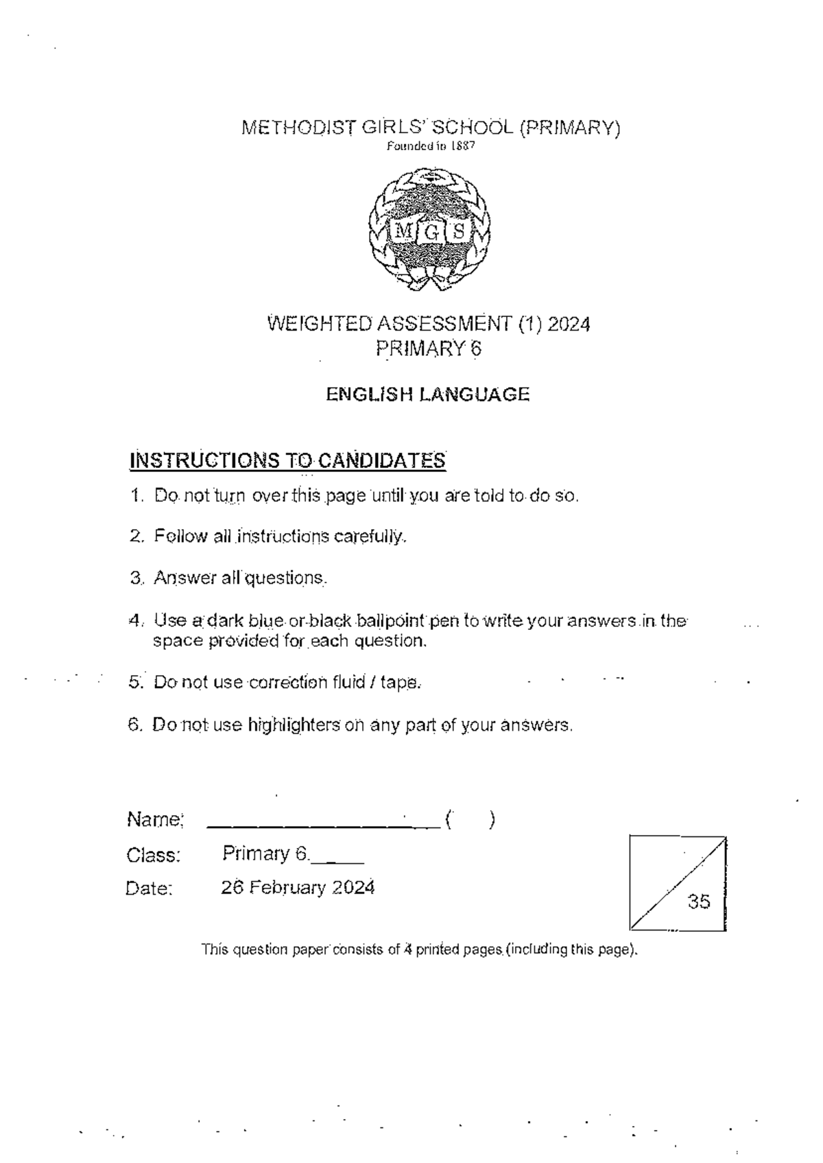 P6 English WA1 2024 MGS Exam Instructions and Guidelines - Studocu
