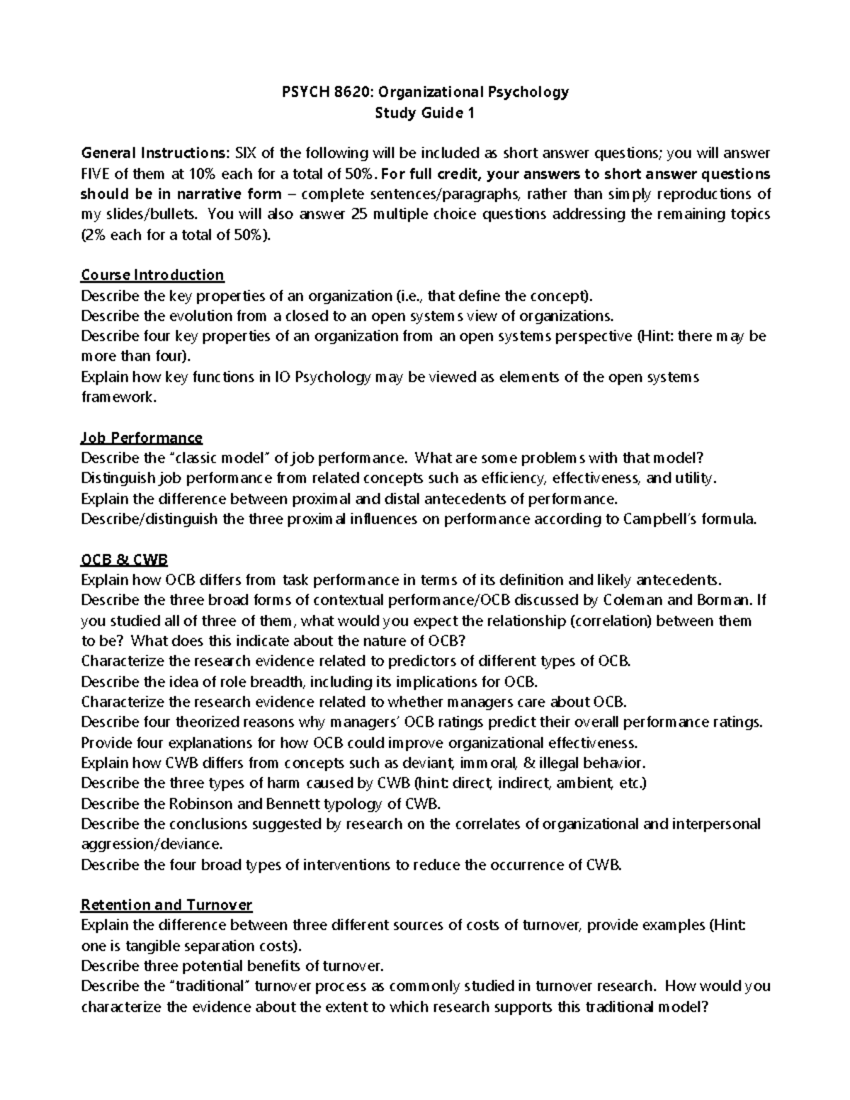 PSYCH 8620: Org Psych Study Guide 1 - Key Concepts & Topics - Studocu