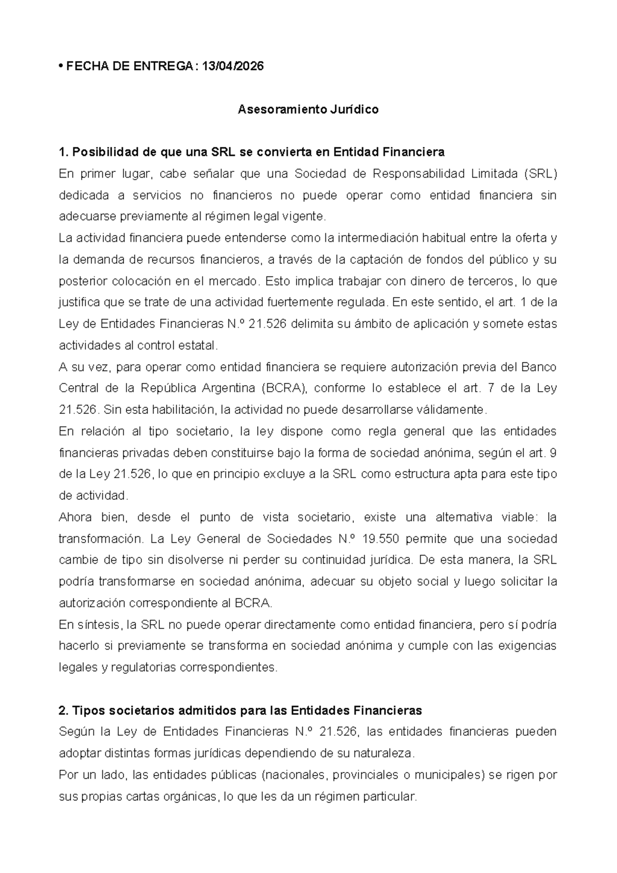 Tp 1 Bancario: Análisis de SRL y Entidades Financieras - Studocu