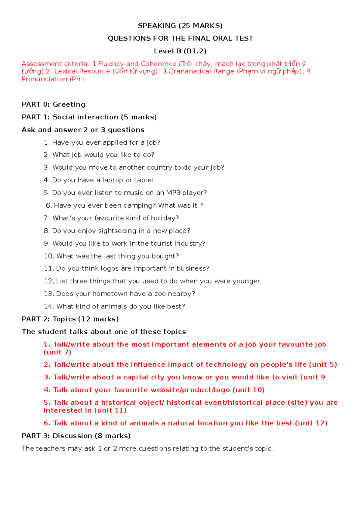 Final Oral Test Questions for English B1 (Speaking - 25 Marks) - Studocu