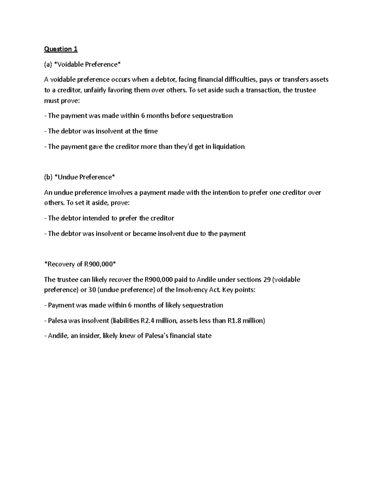 Insolvency Law Assignment 1: Voidable and Undue Preferences - Studocu