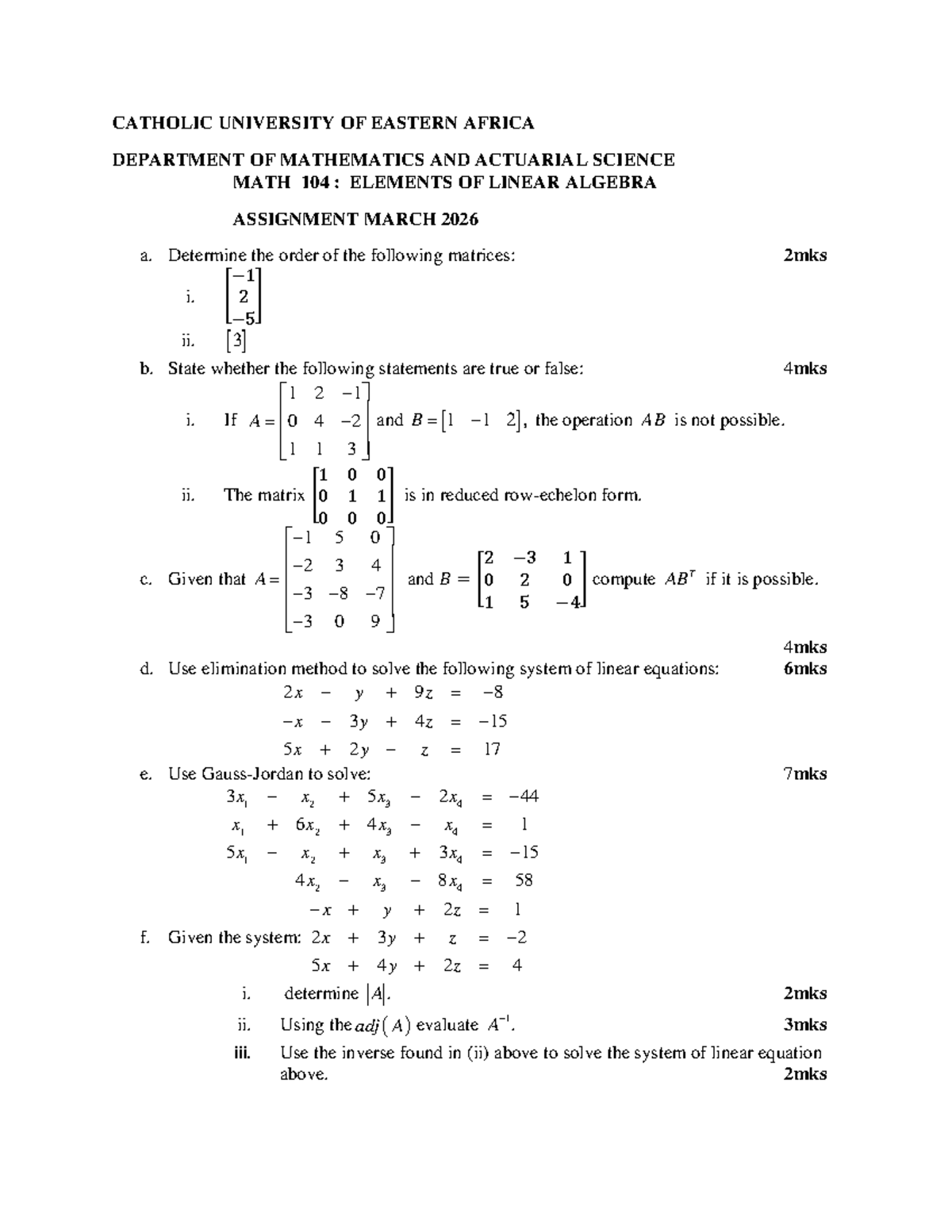 MAT 104: Linear Algebra Assignment - March 2026 - Studocu