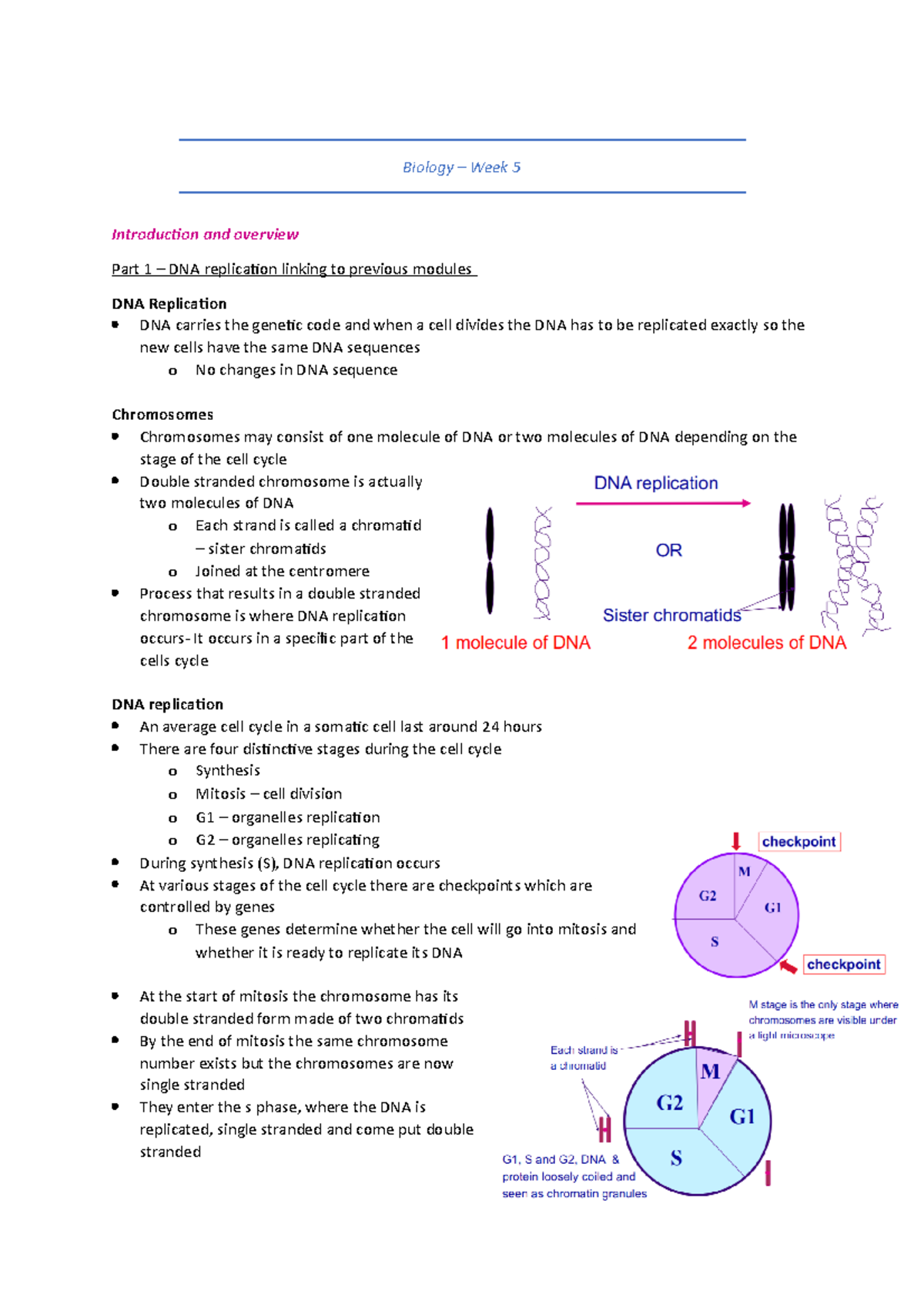 Week 5 - Lecture Notes - Biology – Week 5 Introduction and overview ...