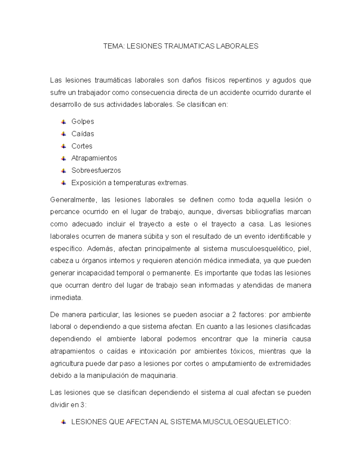 Resumen de Lesiones Traumáticas Laborales: Clasificación y Tratamiento ...