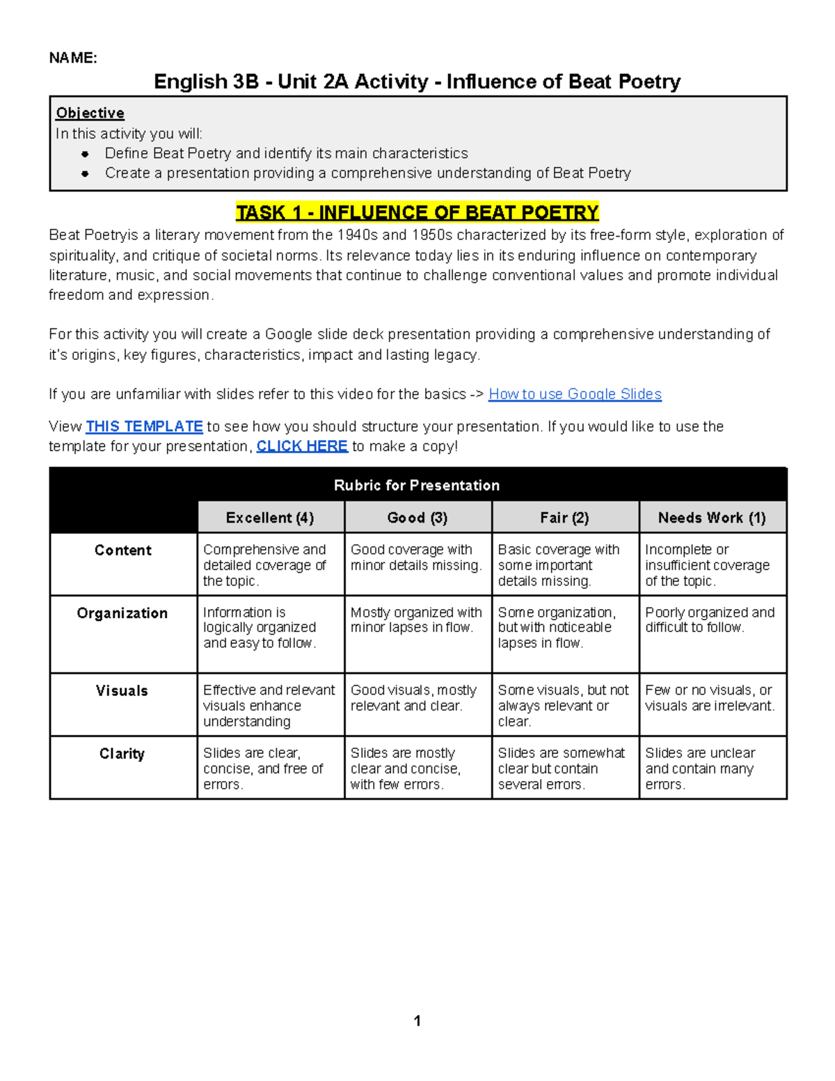Eng. 3B - Unit 2A Activity: Exploring Beat Poetry's Impact - Studocu