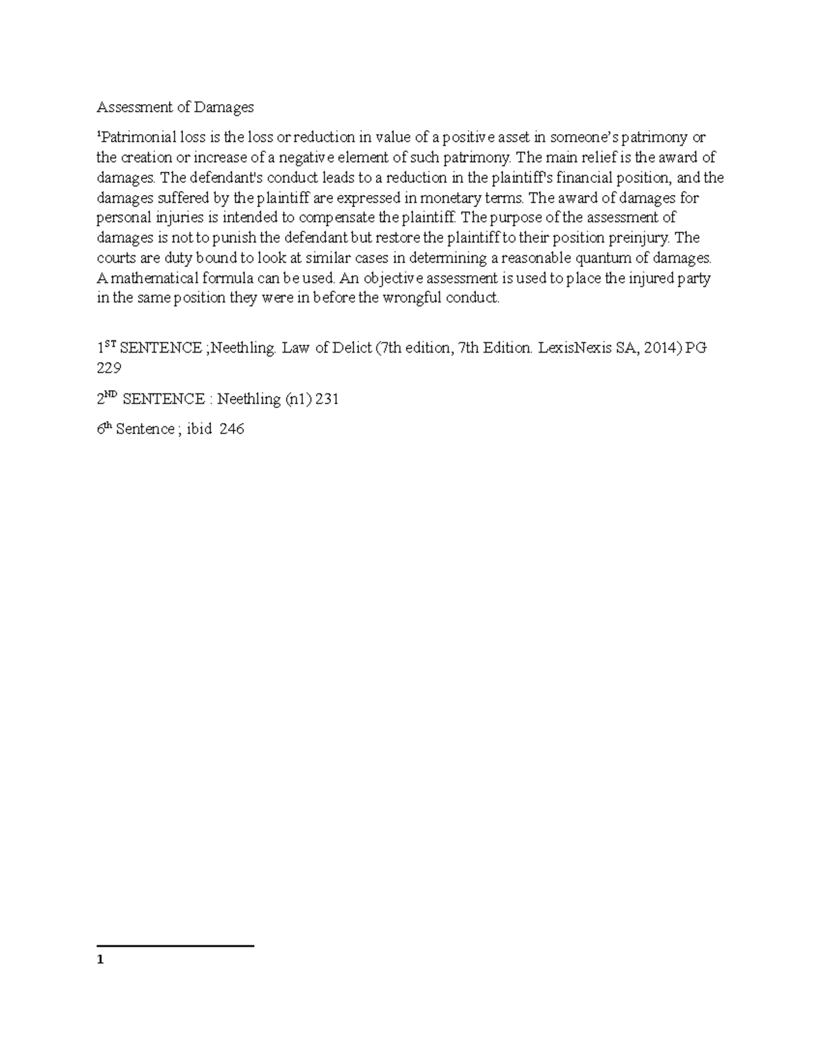 Delict Assignment Analysis - 2023 CA2: Assessing Damages & Loss - Studocu