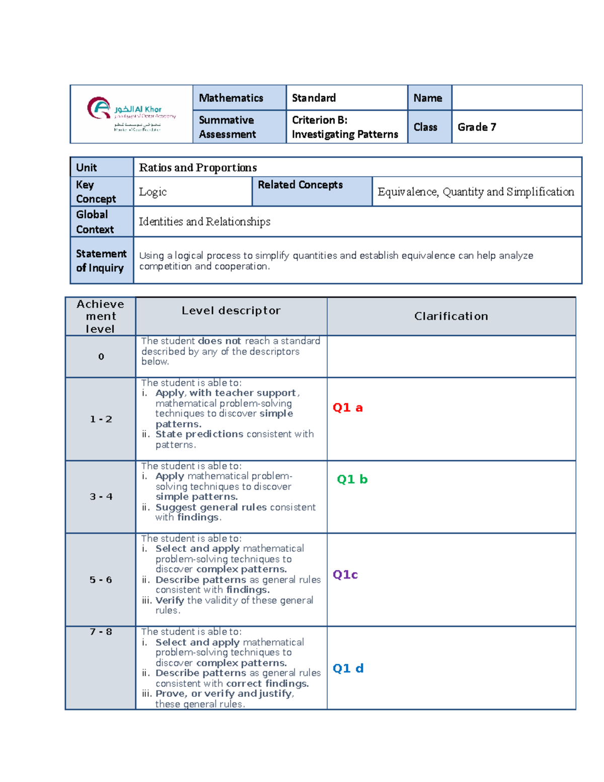 Mathematics 7: Formative Assessment Criterion B - Investigating ...