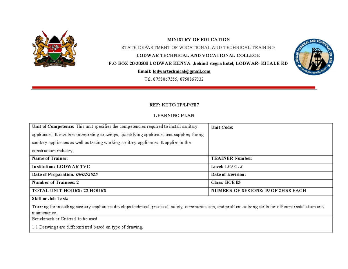 BCE 03 Learning Plan: Installing Sanitary Appliances & Structural ...
