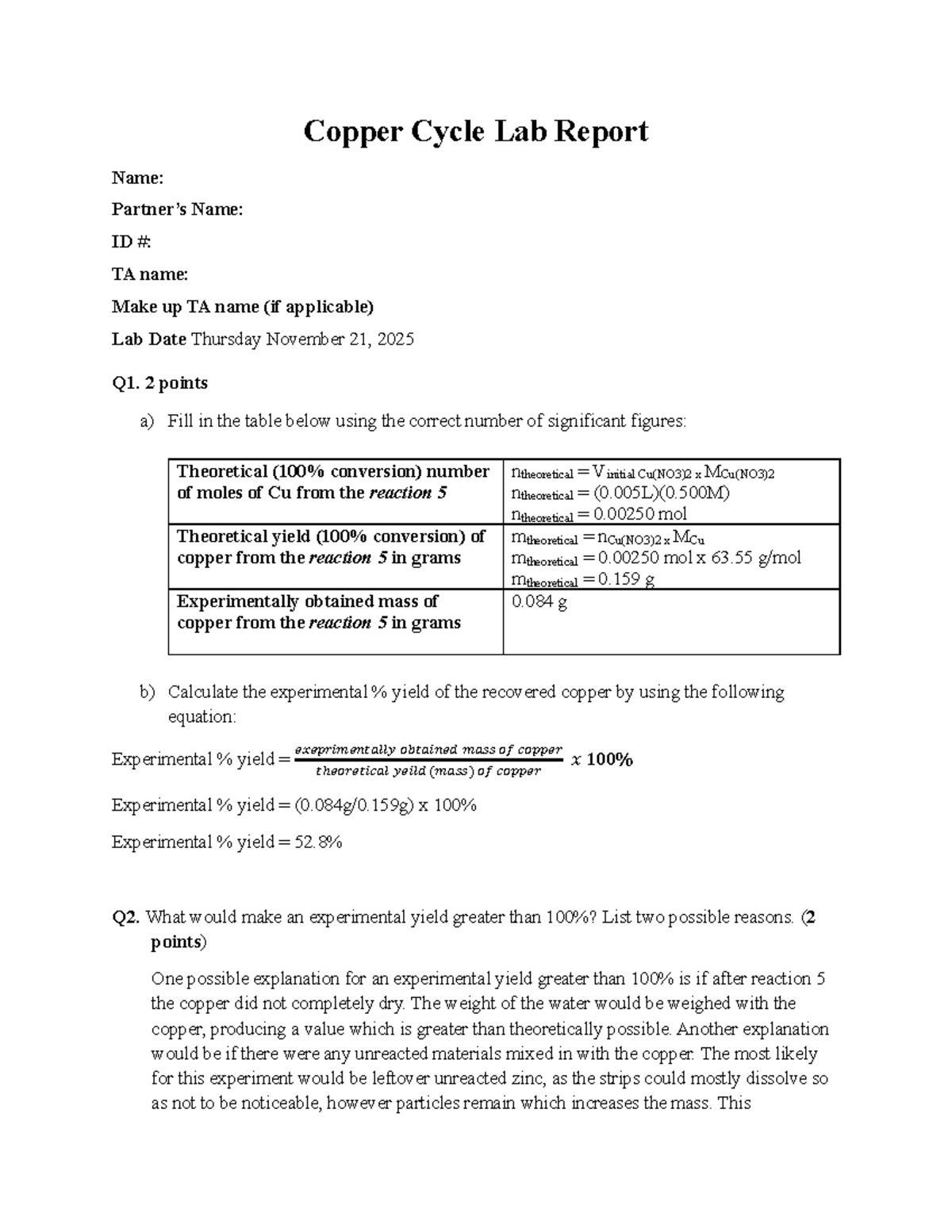 Copper Cycle Lab Report (CHEM 101) - Analysis and Findings - Studocu