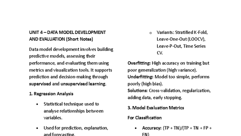 UNIT 4 DATA MODEL DEV & EVAL - SHORT NOTES - Studocu