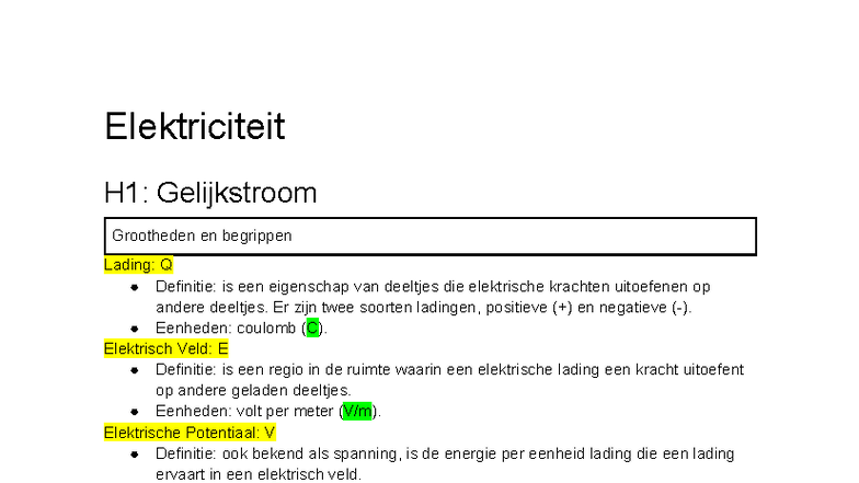 Fysica H1: Gelijkstroom en Hydrostatica - Grootheden en Begrippen - Studocu