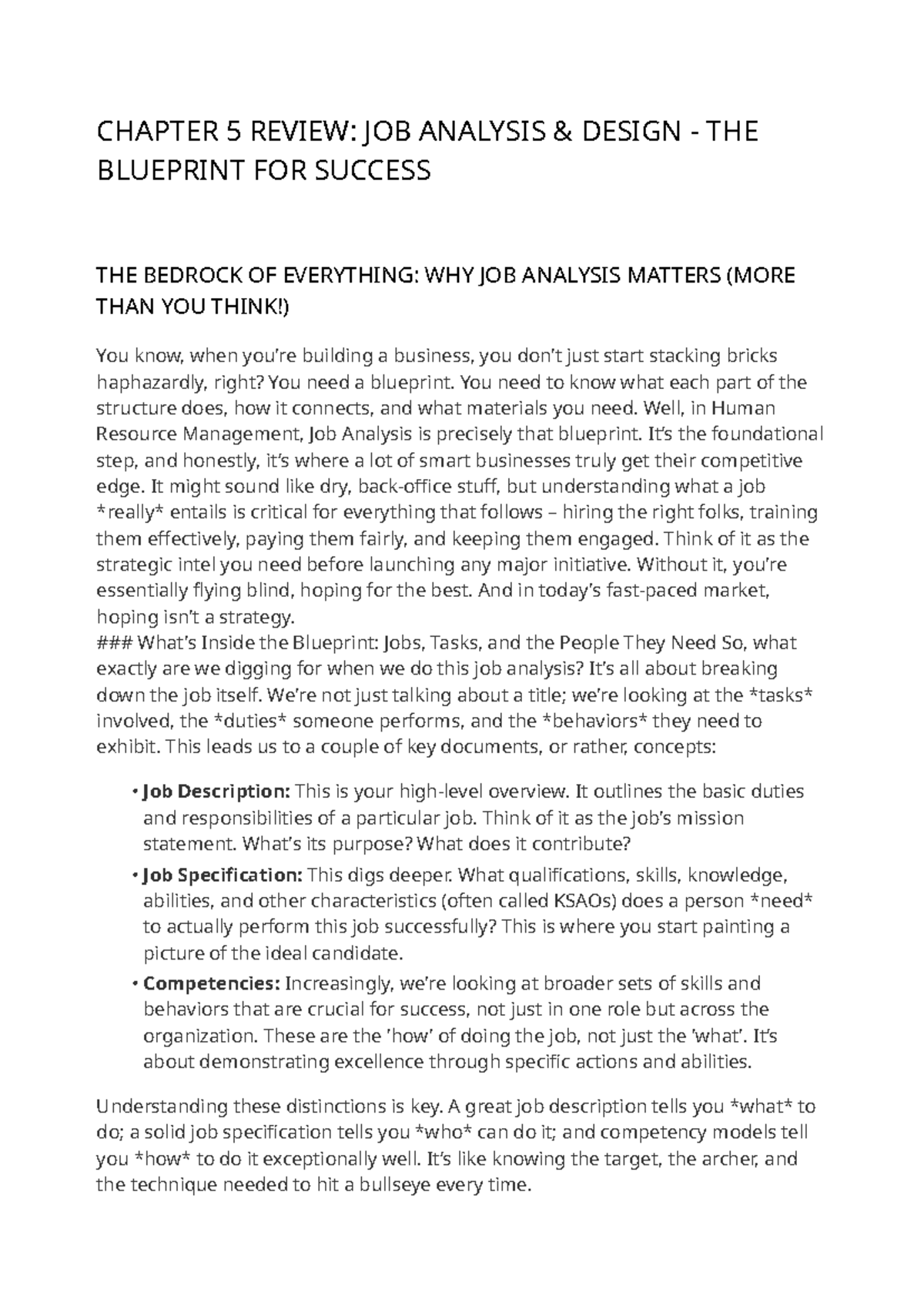 HRM 101: Chapter 5 Review - Job Analysis & Design Insights - Studocu