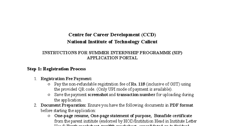 Instructions for Summer Internship Program (SIP) at NIT Calicut - Studocu