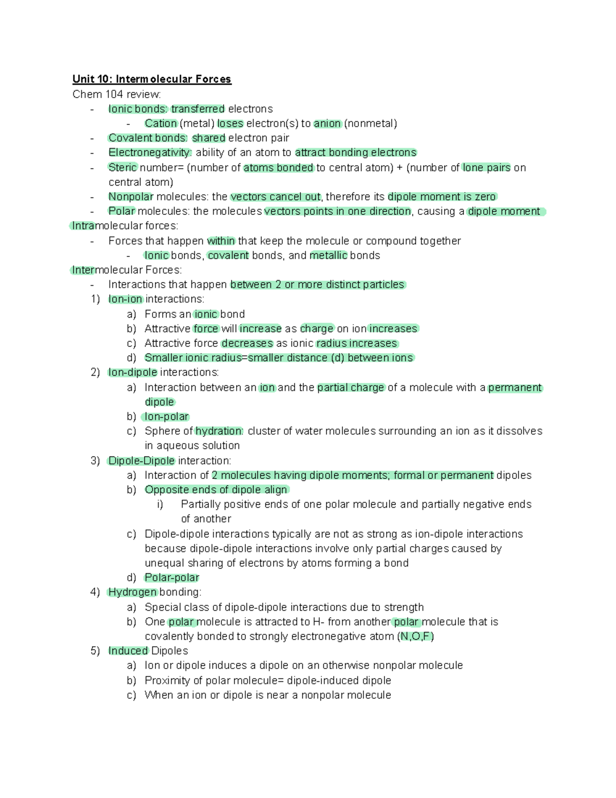 Chem 104 Final Exam Notes: Intermolecular Forces & Solutions - Studocu