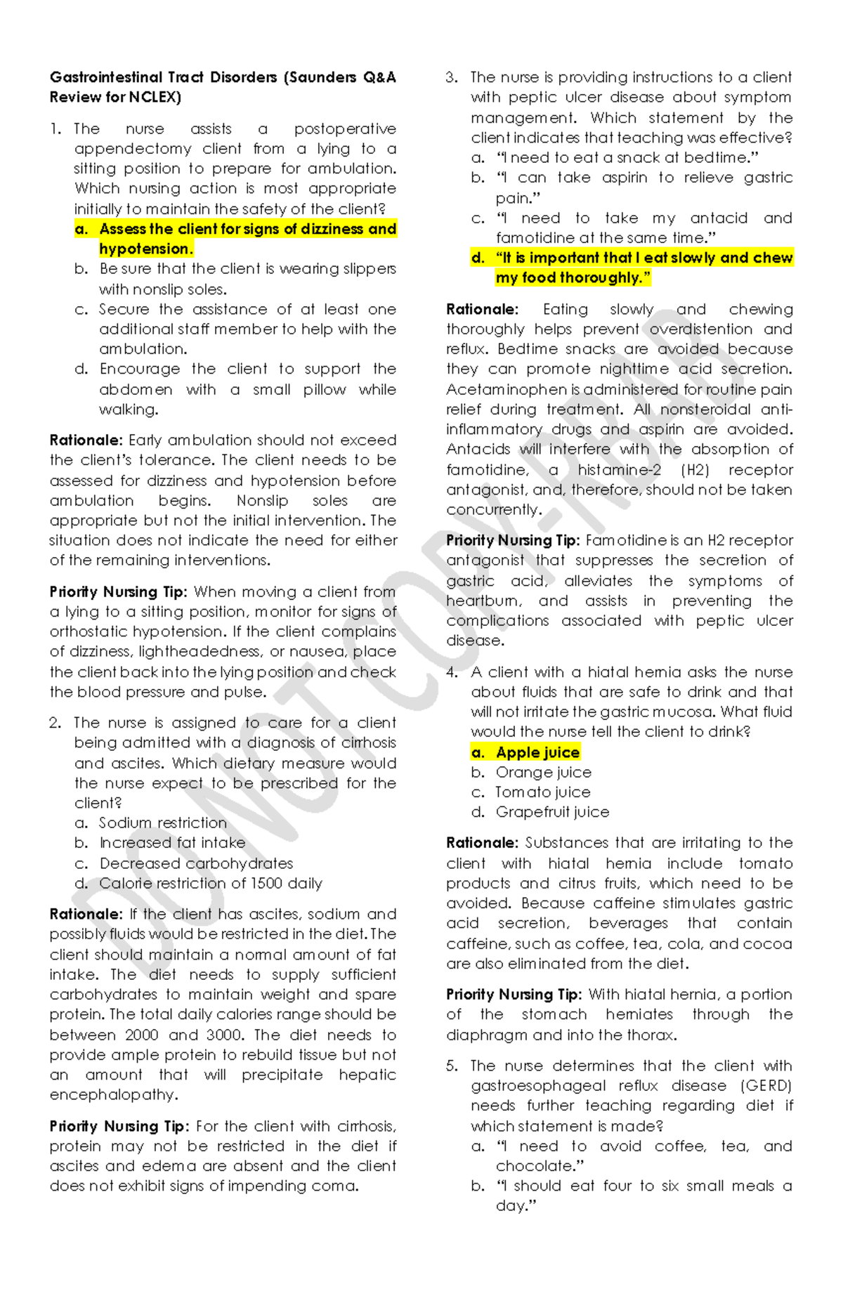Gastrointestinal Tract Disorders: NCLEX Practice Questions Review - Studocu