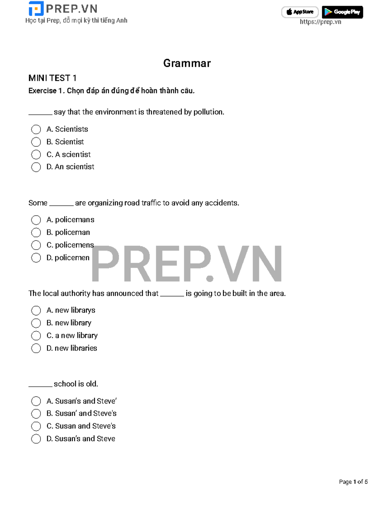 Grammar MINI TEST 1 - English Exam Prep (PREP.VN) - Studocu