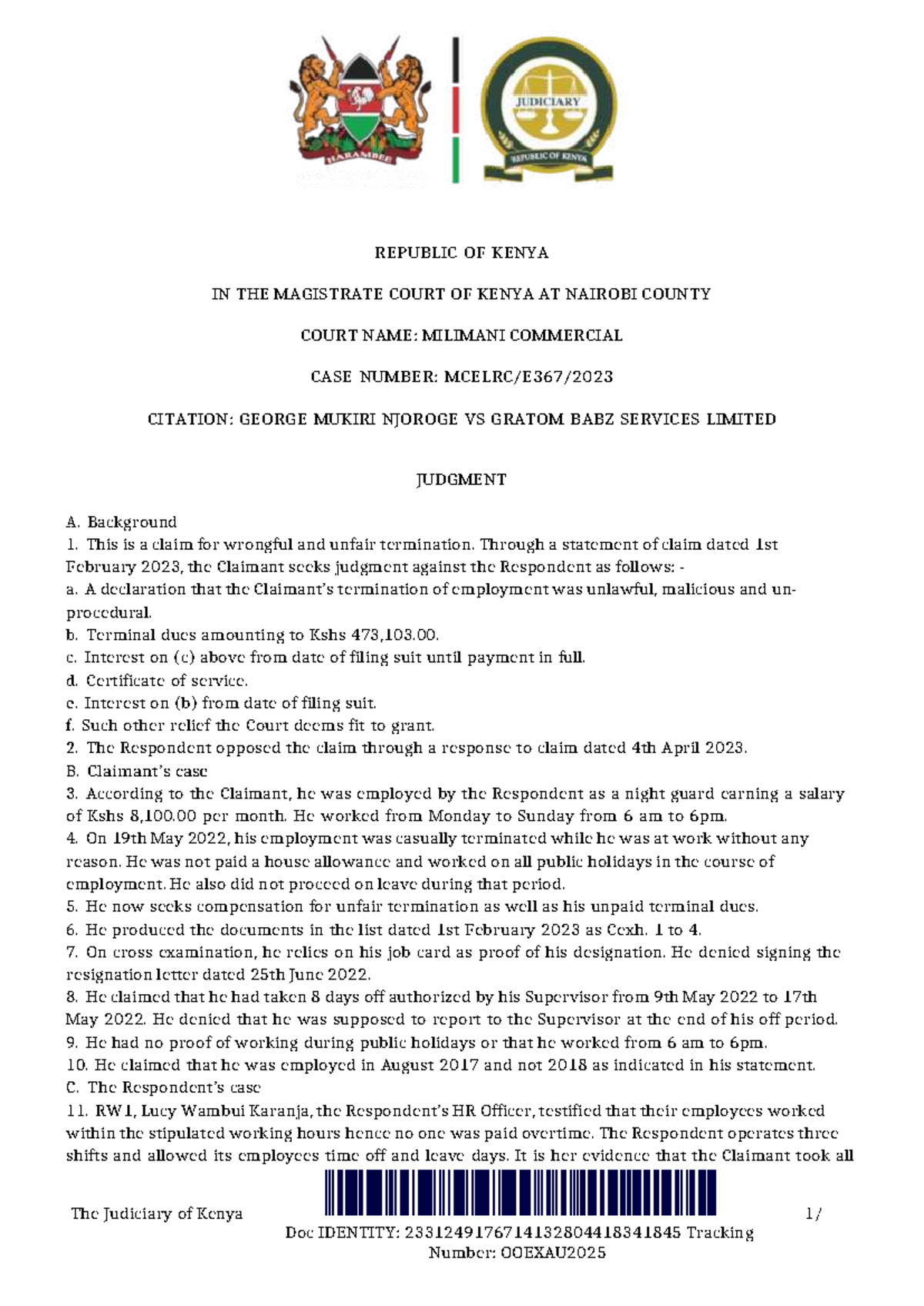 Judgment on Unfair Termination Case No. 2025555555: Mukiri vs. Gratom ...